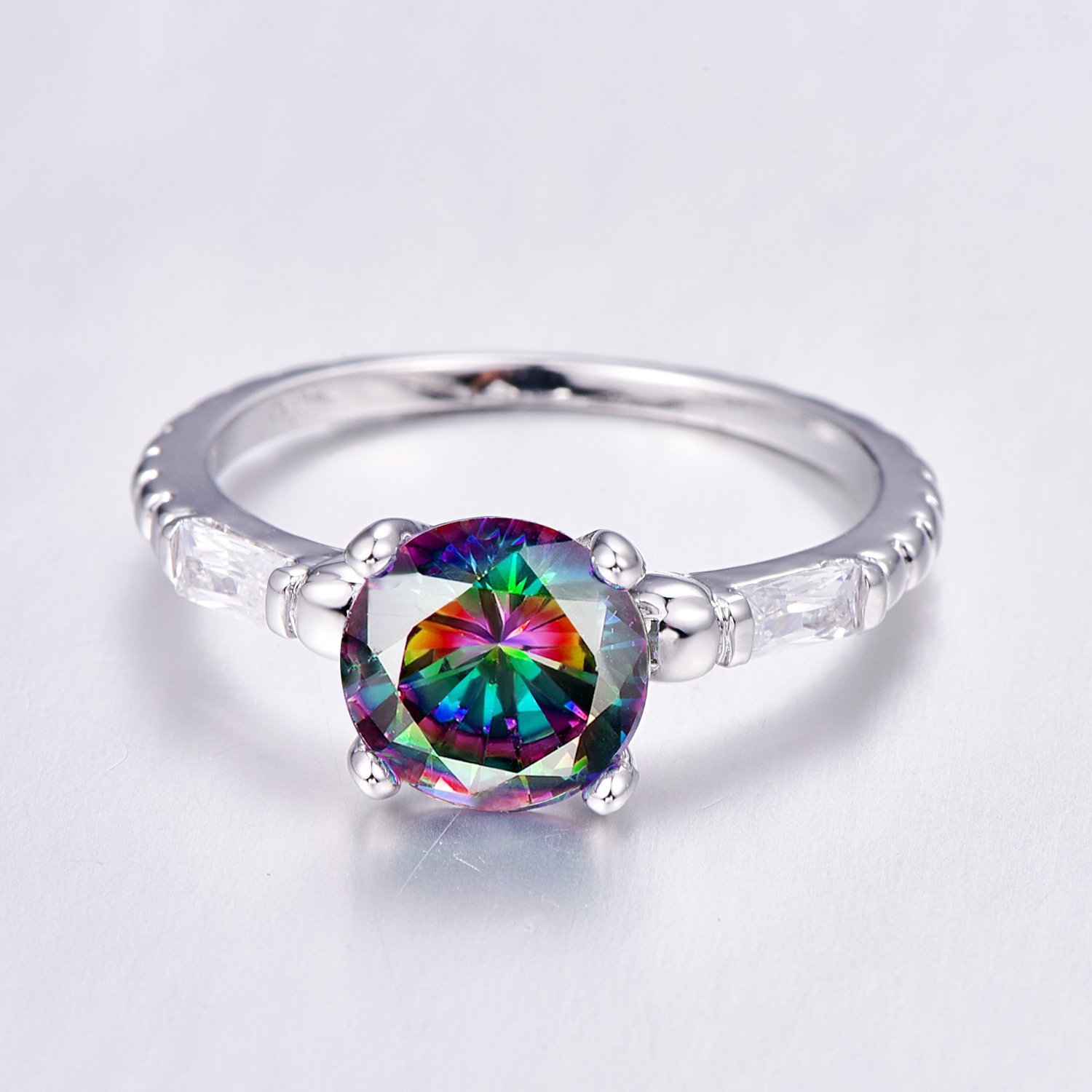 Psiroy 925 Sterling Silver Plated Created Rainbow Topaz Filled Round Cut Thin Solitaire Engagement Ring for Women Size 6