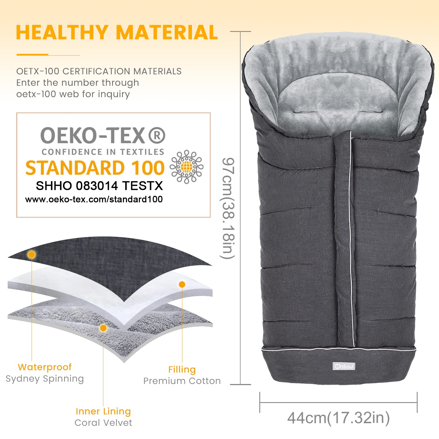 Orzbow Warm Bunting Bag Universal,Stroller Sleeping Bag Cold Weather,Waterproof Toddler Footmuff (Dark Grey, Large)