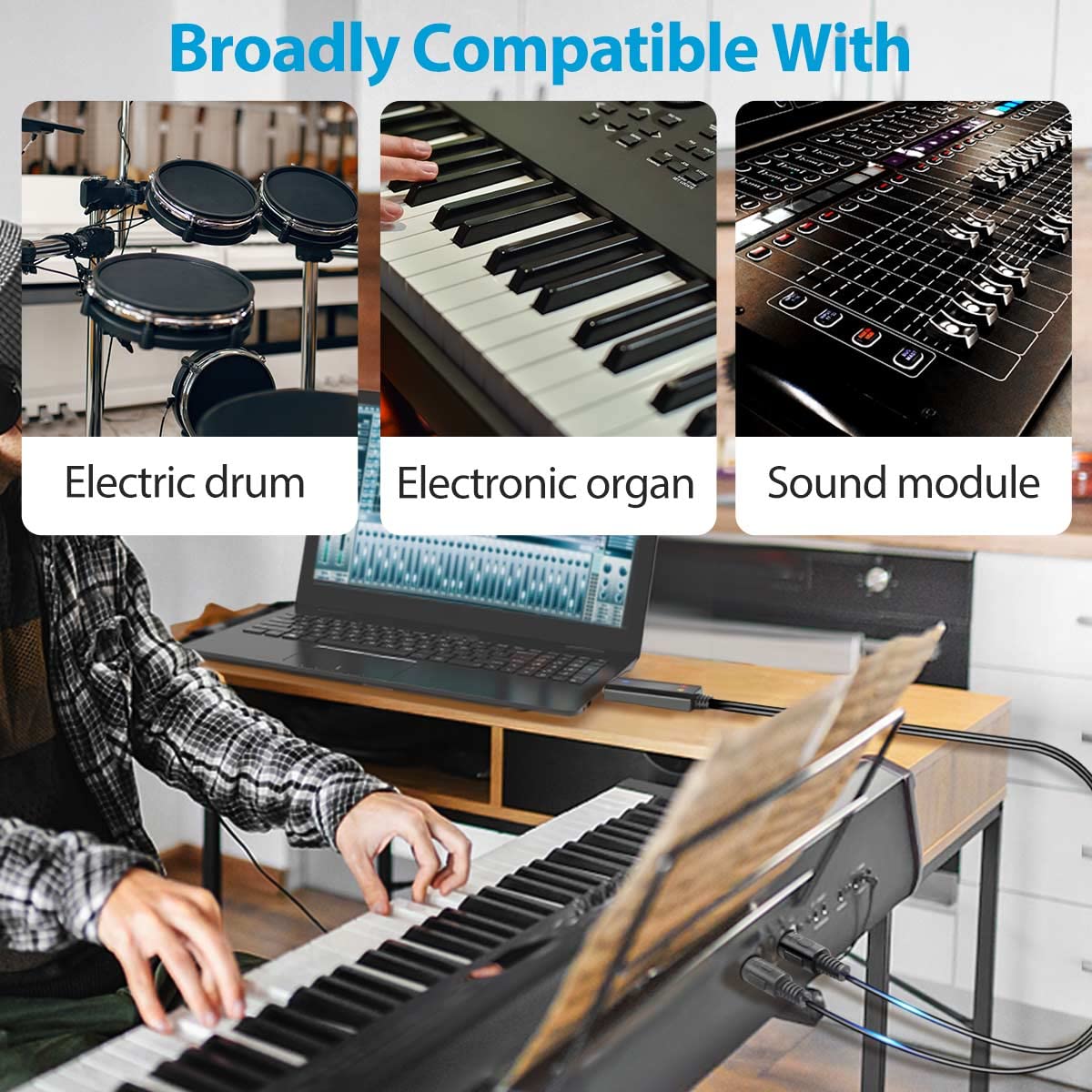 URWOOW USB MIDI Cable Converter Adapter Cable PC Laptop to Keyboard Synthesizer Electronic Drum Electric Blow Pipe Home Studio - 6.5 feet