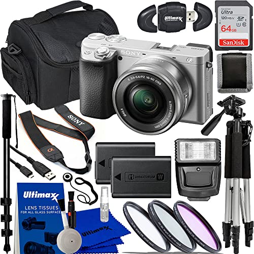 Ultimaxx Essential Sony Alpha a6400 Camera with 16-50mm Lens Bundle (Silver) - Includes: 64GB Memory Card, 1x Seller Replacement Battery, Digital Flash with Bracket, & More (17pc Bundle
