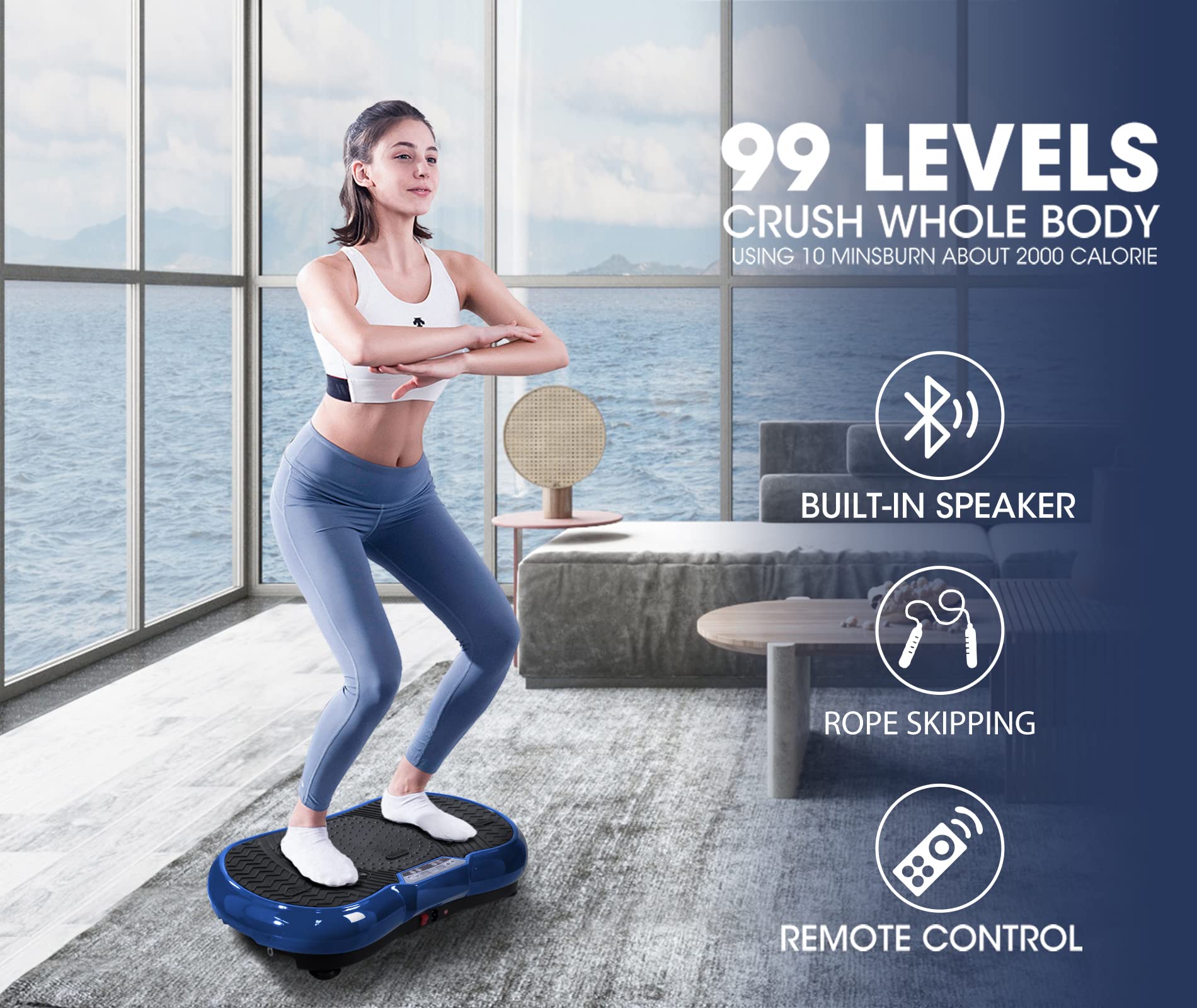 Vibration Plate Exercise Machine with Bluetooth Speaker, 99 Levels Whole Body Shape Vibration Platform Machine with Jump Rope for Weight Loss Fitness, Home Gym Equipment Workout Machine, Blue