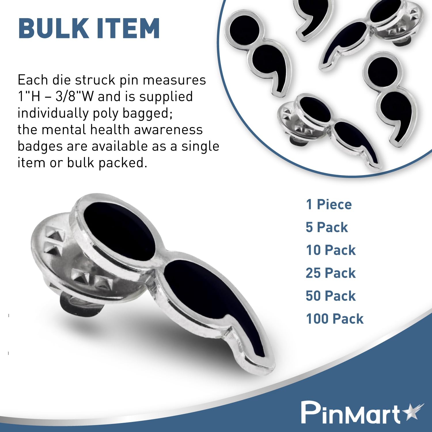 PinMart Semicolon Mental Health Awareness Pin β Silver Plated Black Enamal Lapel Pin for Suicide Awareness and Prevention - Secure Clutch Back for Hats, Scarves and Backpacks