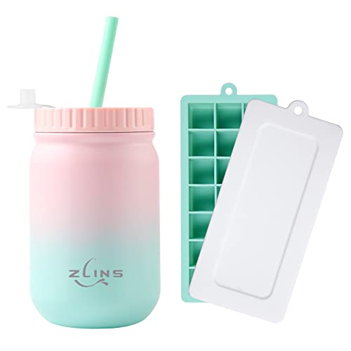 ZLINS Insulated Cup with Straw and Lid with Ice Cube Tray, Iced Coffee Drinking Mug, Reusable Stainless Steel Travel Tumbler, Double Wall Vacuum for Smoothie 14 OZ(Blue/Pink Set)