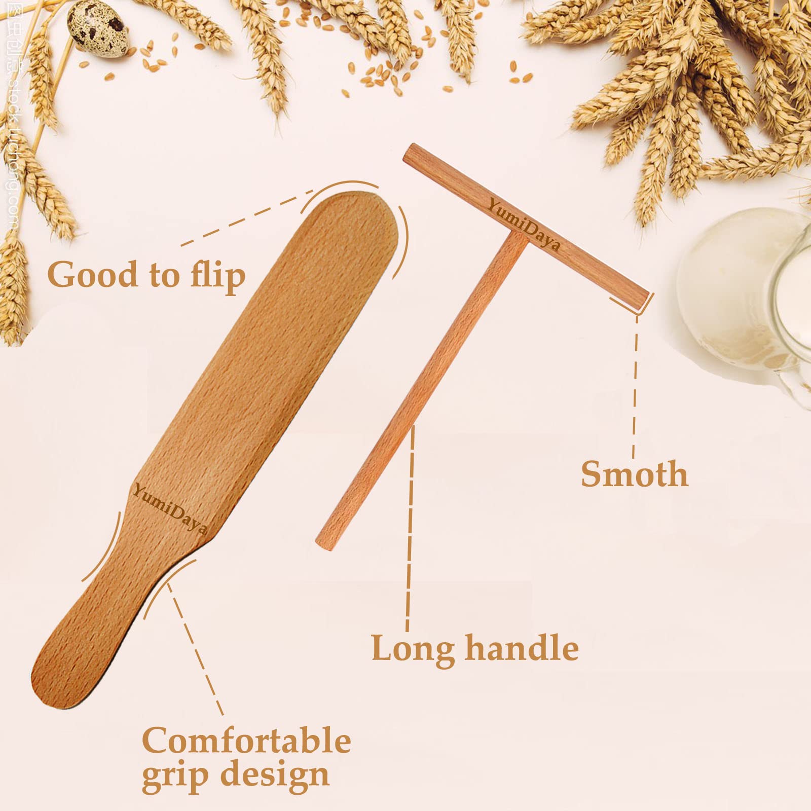 YumiDaya Crepe Spreader and Crepe Spatula Turner Set,Convenient Sizes to Fit Any Crepe Pan Maker - 100% Natural Wooden Crepe Spatula Set for Crepe Tools