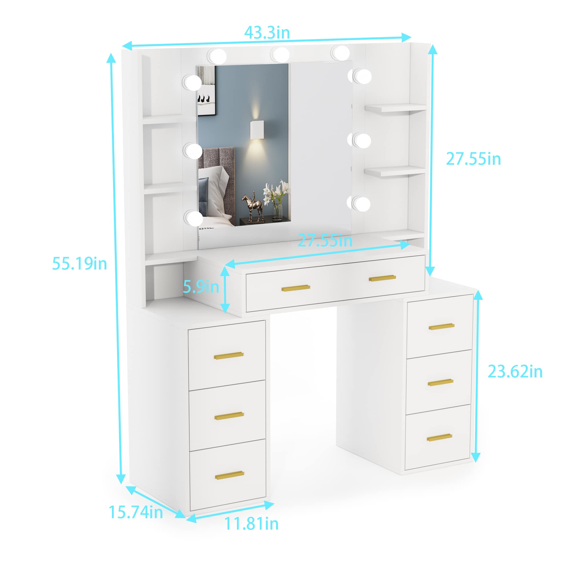 PAKASEPT Vanity Set with Lighted Mirror, 43'' Makeup Vanity with Charging Station, Vanity Desk with 9PCS LED Bulb, Storage Shelves, 7 Drawers for Bedroom(No Stool)