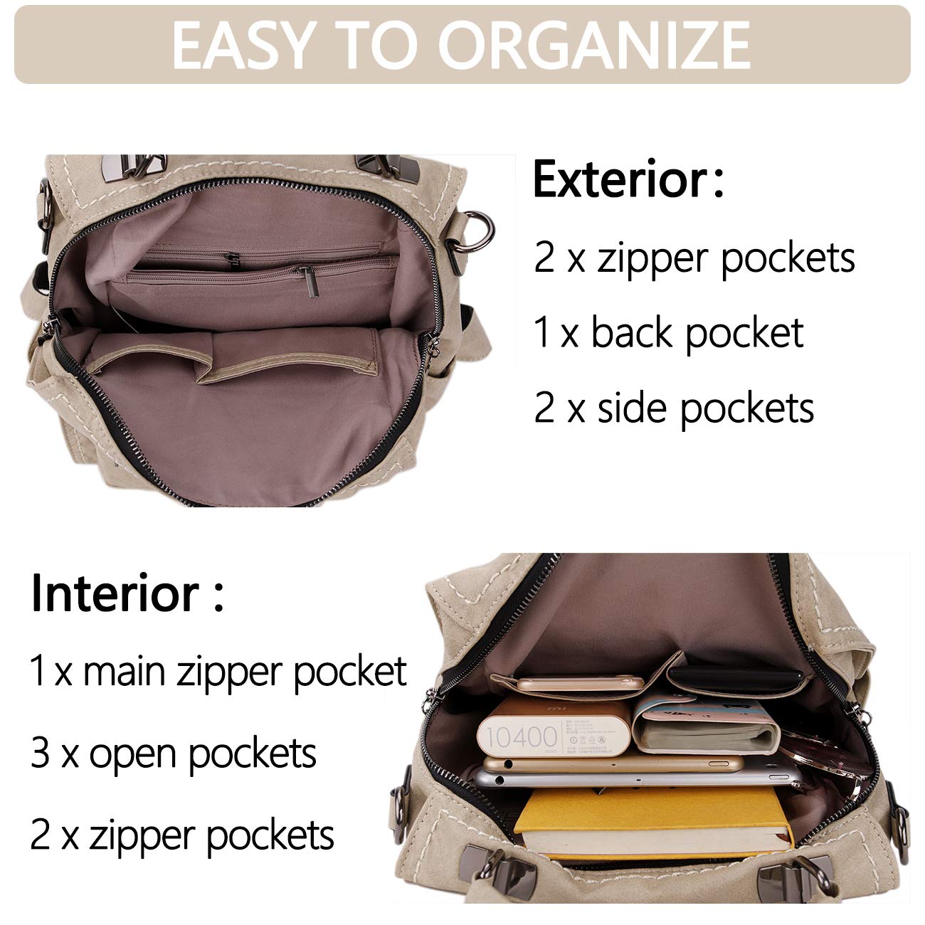 RAVUO Women Backpack Purse, Grain PU Leather Casual Fashion Black Backpacks Bags for Ladies