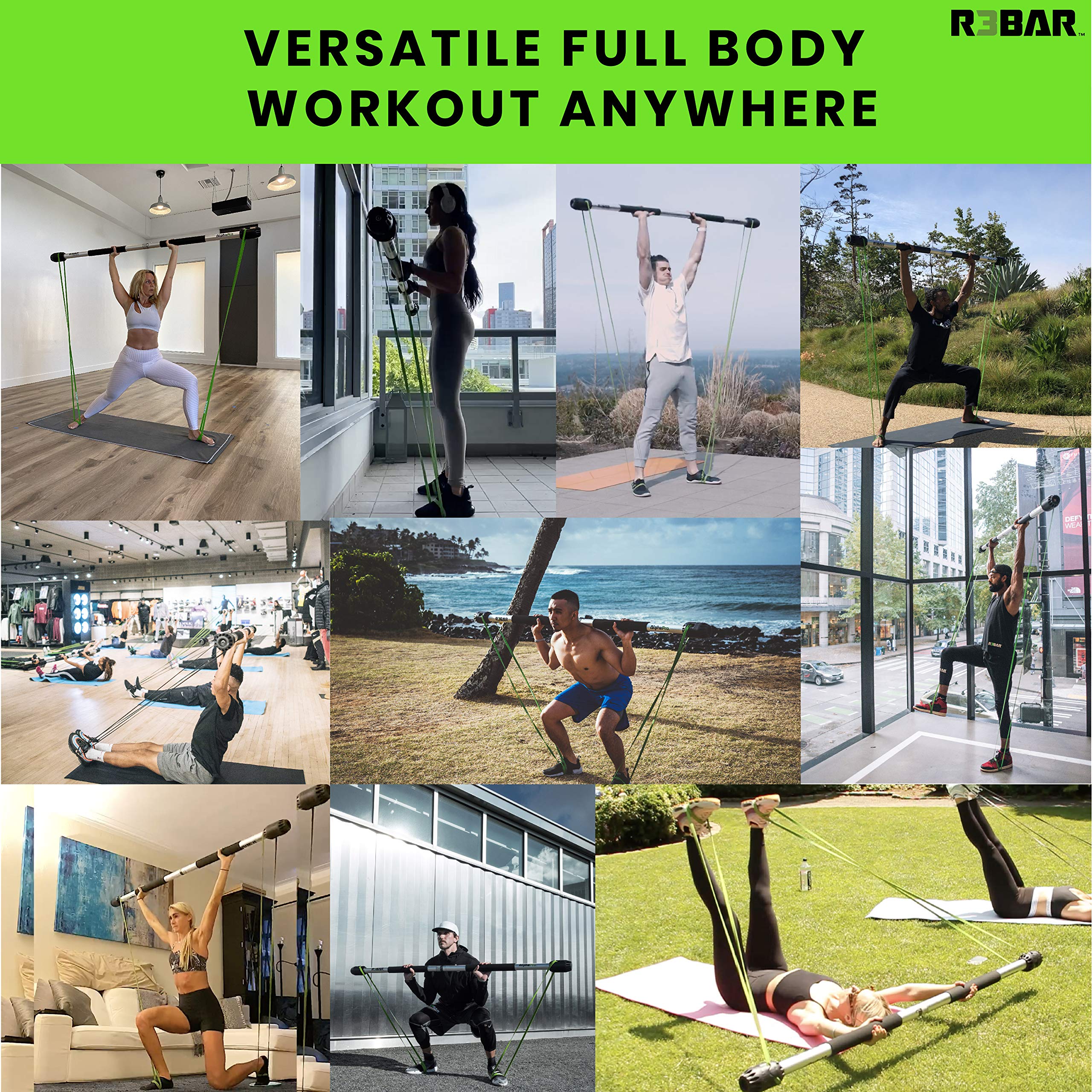 R3BAR AlphaPro Full Portable Exercise Home Gym Workout Training Equipment– Includes Bar, Resistance Bands, Travel Bag – New Amazon Bonus – 3-25 Minute Virtual Workouts Included