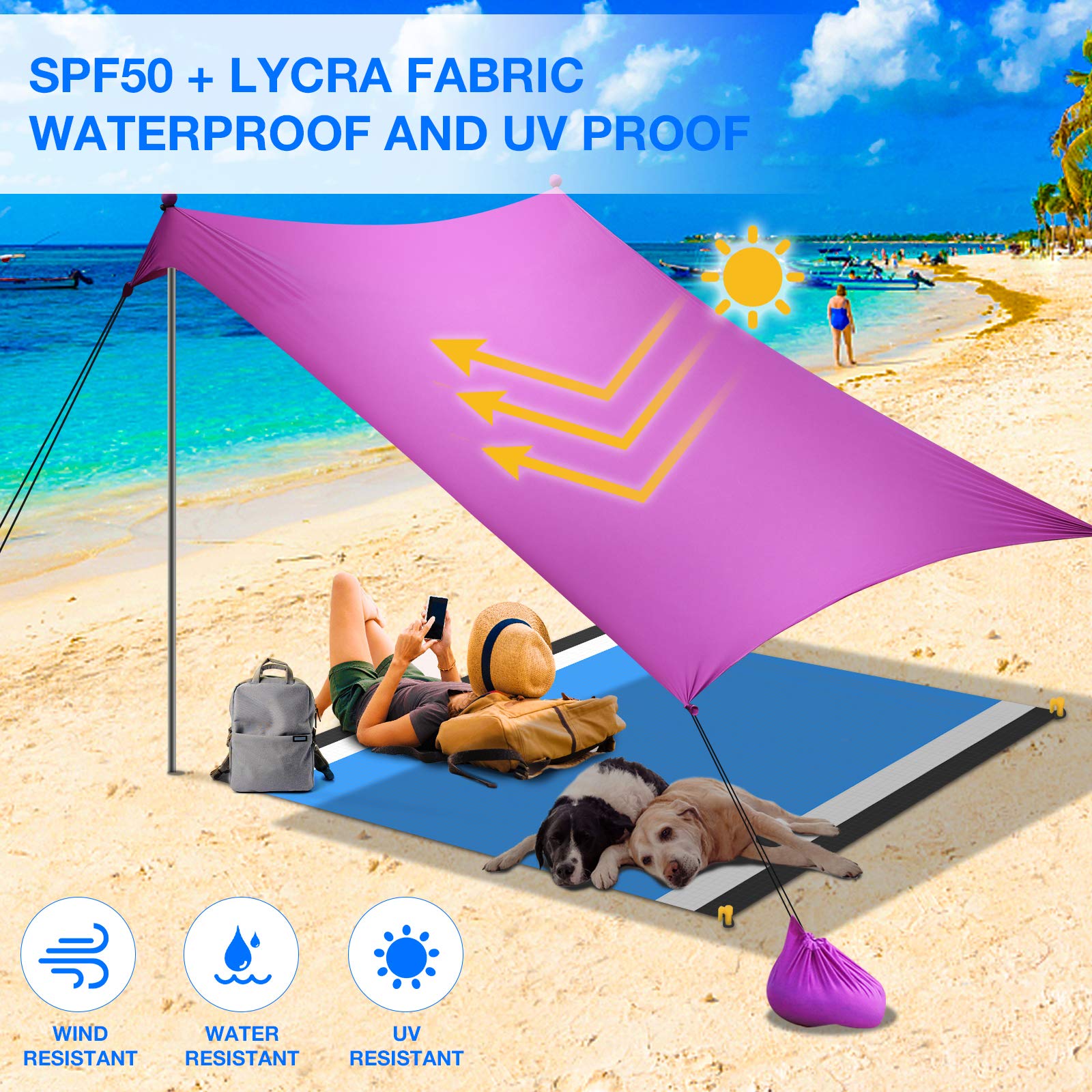 Sparklekle Pop Up Beach Tent Sun Shelter UPF50+ Outdoor Canopy Sunshade for Camping Fishing Backyard or Picnics (Violet, 7x7 ft)