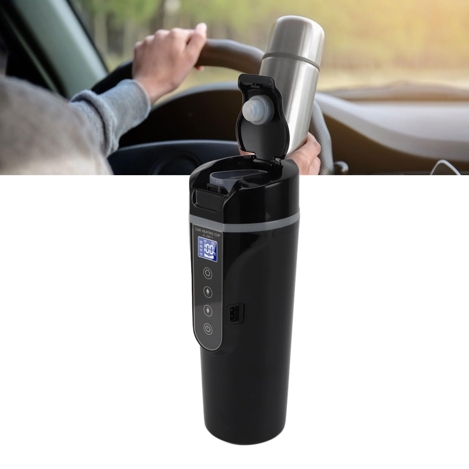 Portable Car Heating Cup,500ml Intelligent Screen Display Car Electric Kettle, Car Electric Hot Water Mug Portable Car Heating Cup 12V 24V (Black)