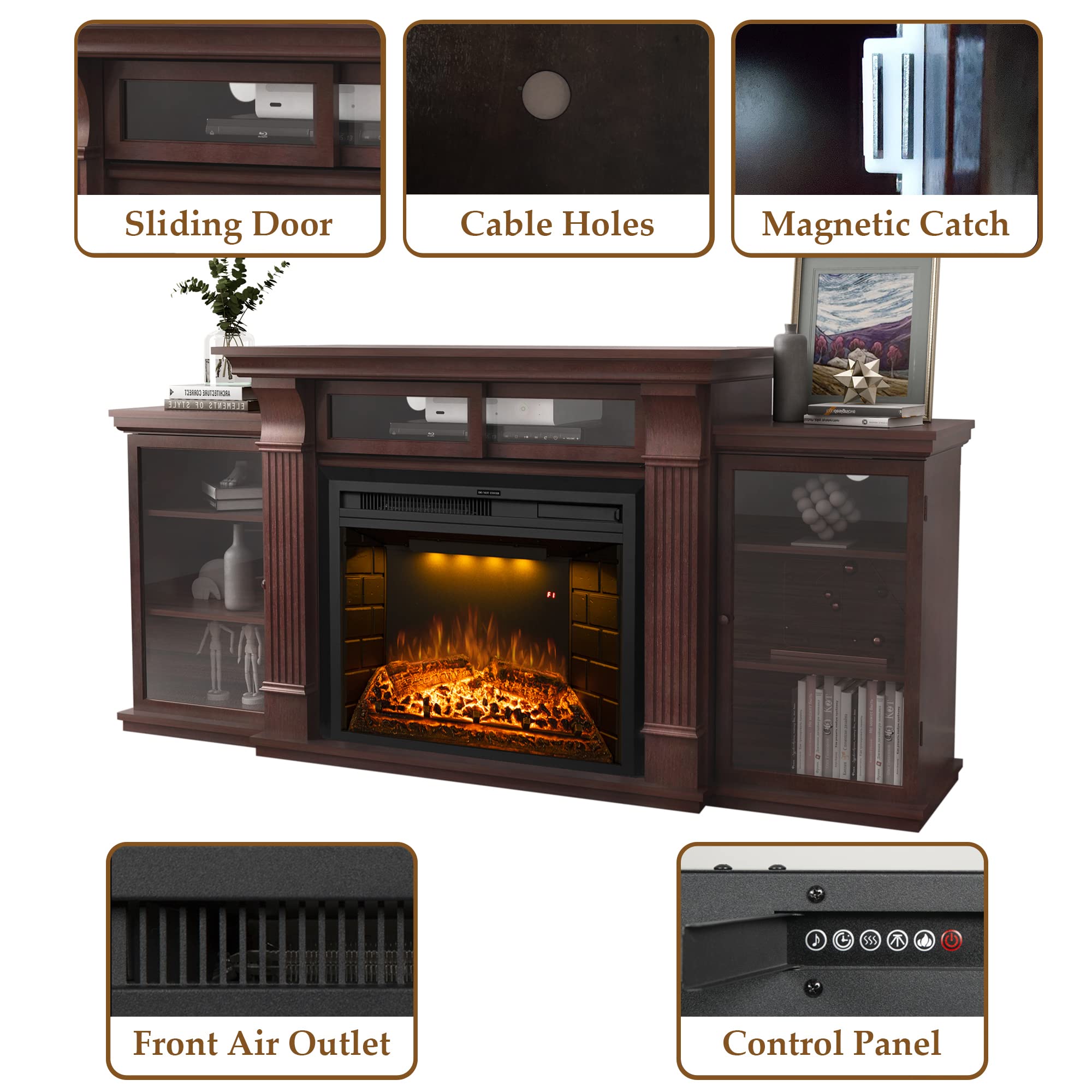 Velaychimney 67 Inch Electric Fireplace TV Stand, Wood Media Entertainment Center Table with Storage Cabinet & Adjustable Shelves, 25" Fireplace Insert Adjustable Flame, Crackling Sound (Brown)