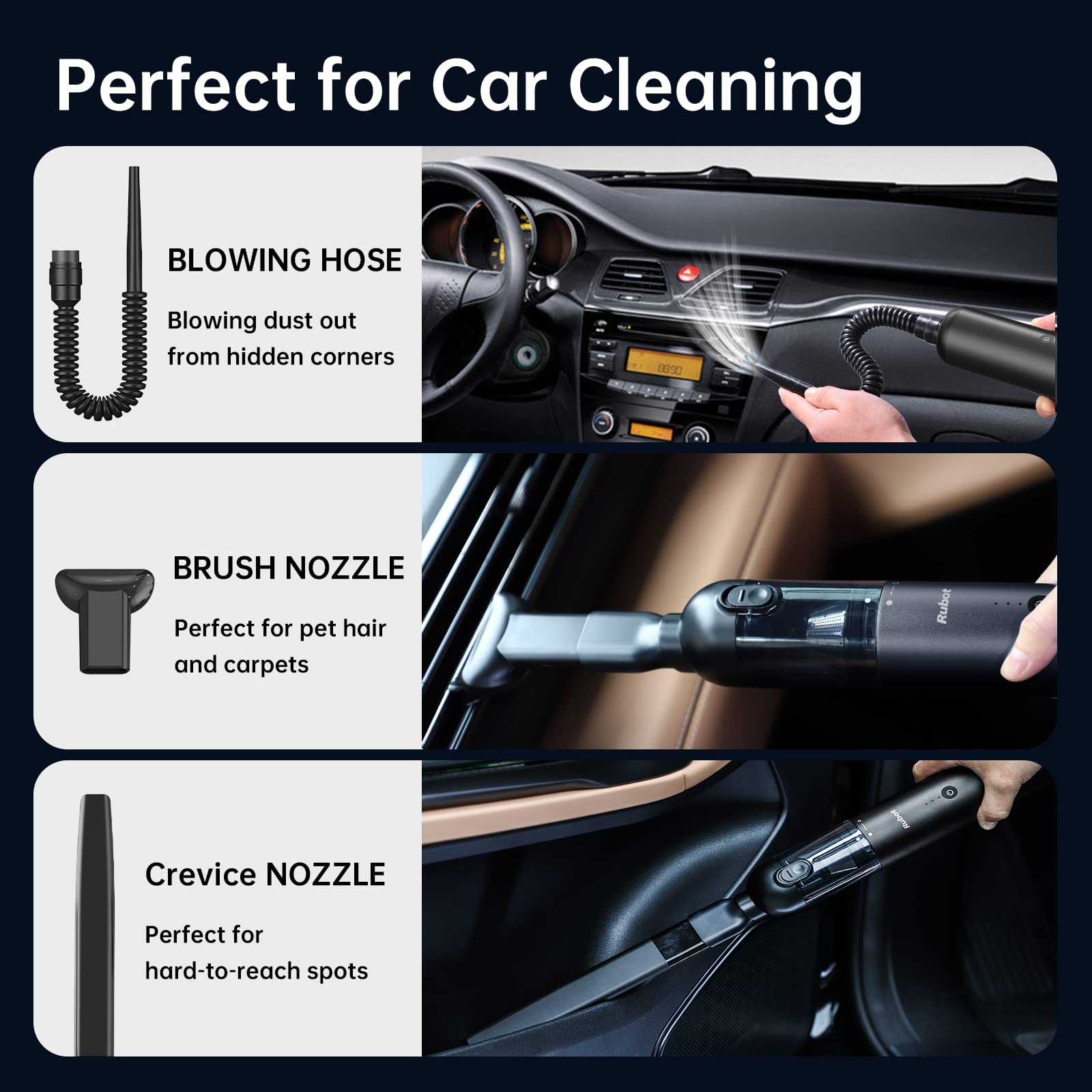 RUBOT Handheld Vacuum, Cordless Vacuum Cleaner 16500Pa Powerful Suction,Portable Mini Vacuum Rechargeable for Home/Car/Office-Black(P03)