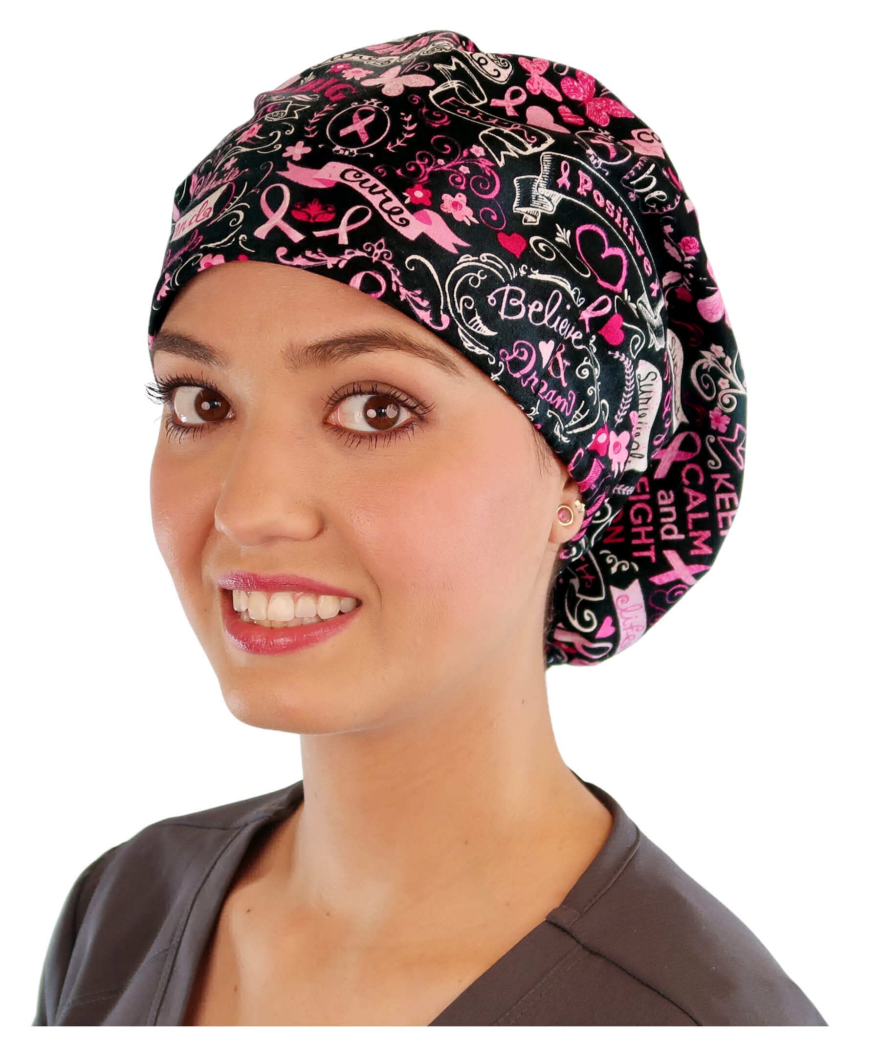 Sparkling EARTH Pink Ribbon Collage (Breast Cancer Ribbons) - Riley Medical Scrub Caps - Adjustable Cord Lock Closure - Made in USA!