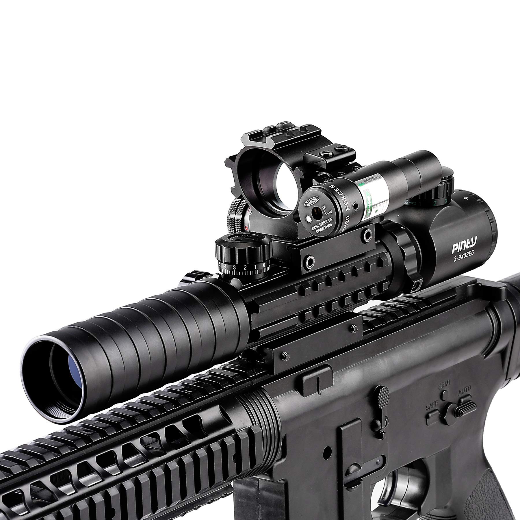 Pinty Rifle Scope 3-9x32 Rangefinder Illuminated Optics Red Green Reflex 4 Reticle Sight Green Dot Laser Sight with 14 Slots 1 inch High Riser Mount,45 Degree Mount