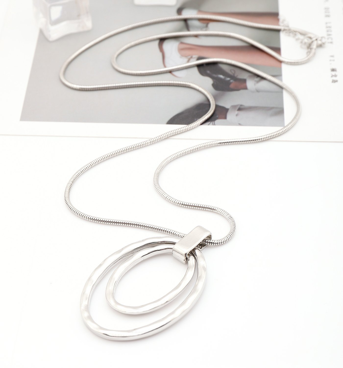 NVENF Long Sweater Chain Double Circle Pendant Necklace Bold Snake Chain Women Statement Necklace (Silver-tone)