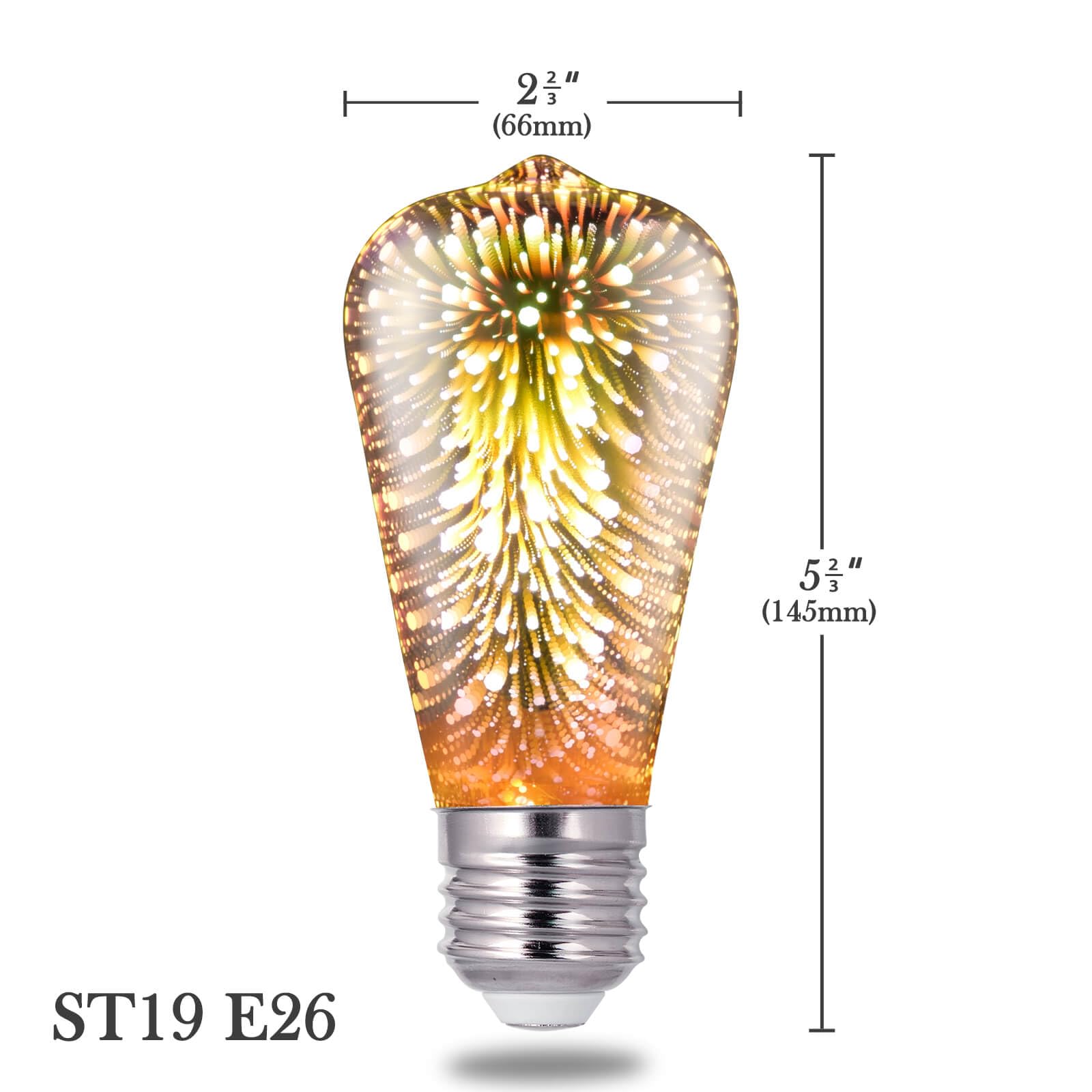 Porseme 3D Fireworks Decorative Light Bulb, E26 Base, 4W, AC100-240V, Glass Bulbs with Soft Warm Light, Shiny Decor for Home, Bedroom, Party (Included 3-Pack ST19 Bulbs)