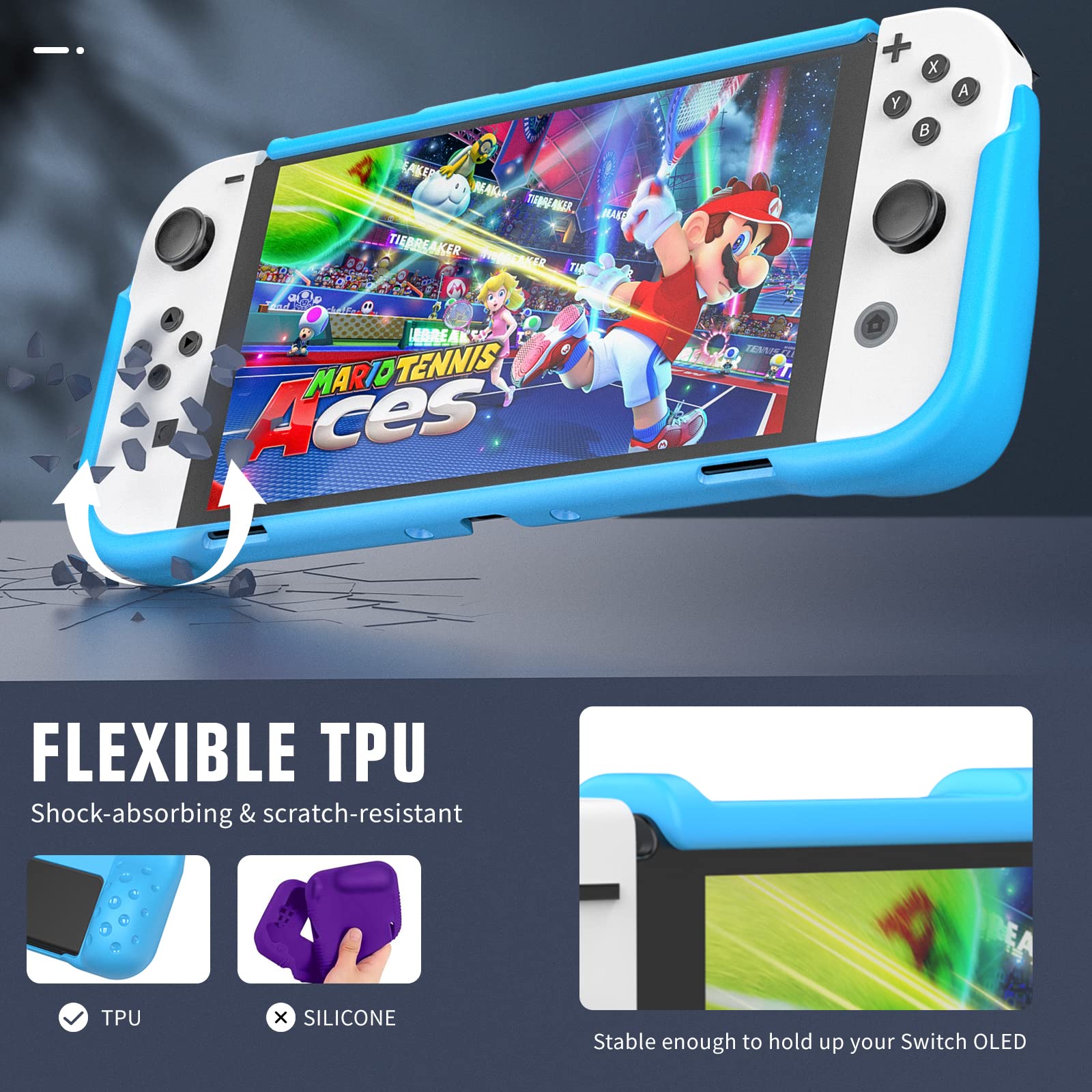 TiMOVO Switch Case Compatible with Nintendo Switch OLED Model 2021, One-Piece Anti-Scratch Protective Cover Shock-Absorption, Ergonomic Grip of Back with TPU Concave Bulge Design Fit Switch OLED, Blue