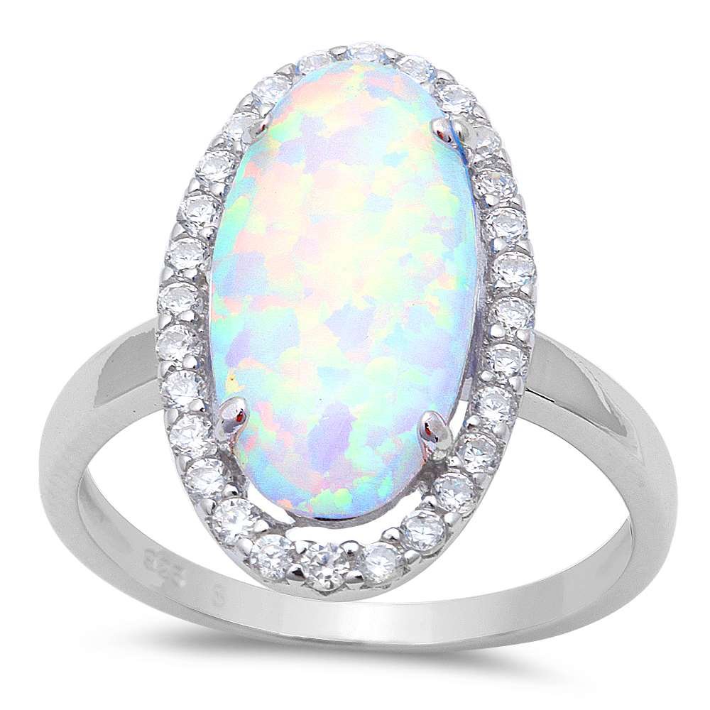 Oxford Diamond Co Halo Oval Lab Created White Fire Opal & Cubic Zirconia .925 Sterling Silver Ring Sizes 5-10 (10)