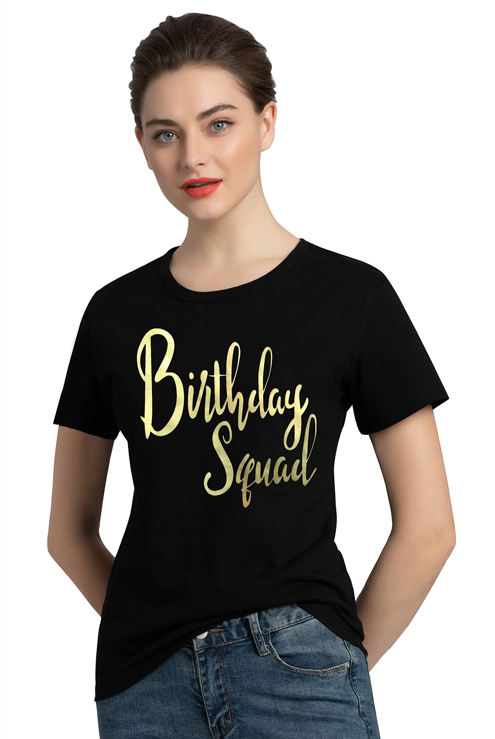 PINJIA Womens Cotton Cute Gold Birthday Squad T-Shirt Top Tees Outfit Gift(L,Gold Black 20th)