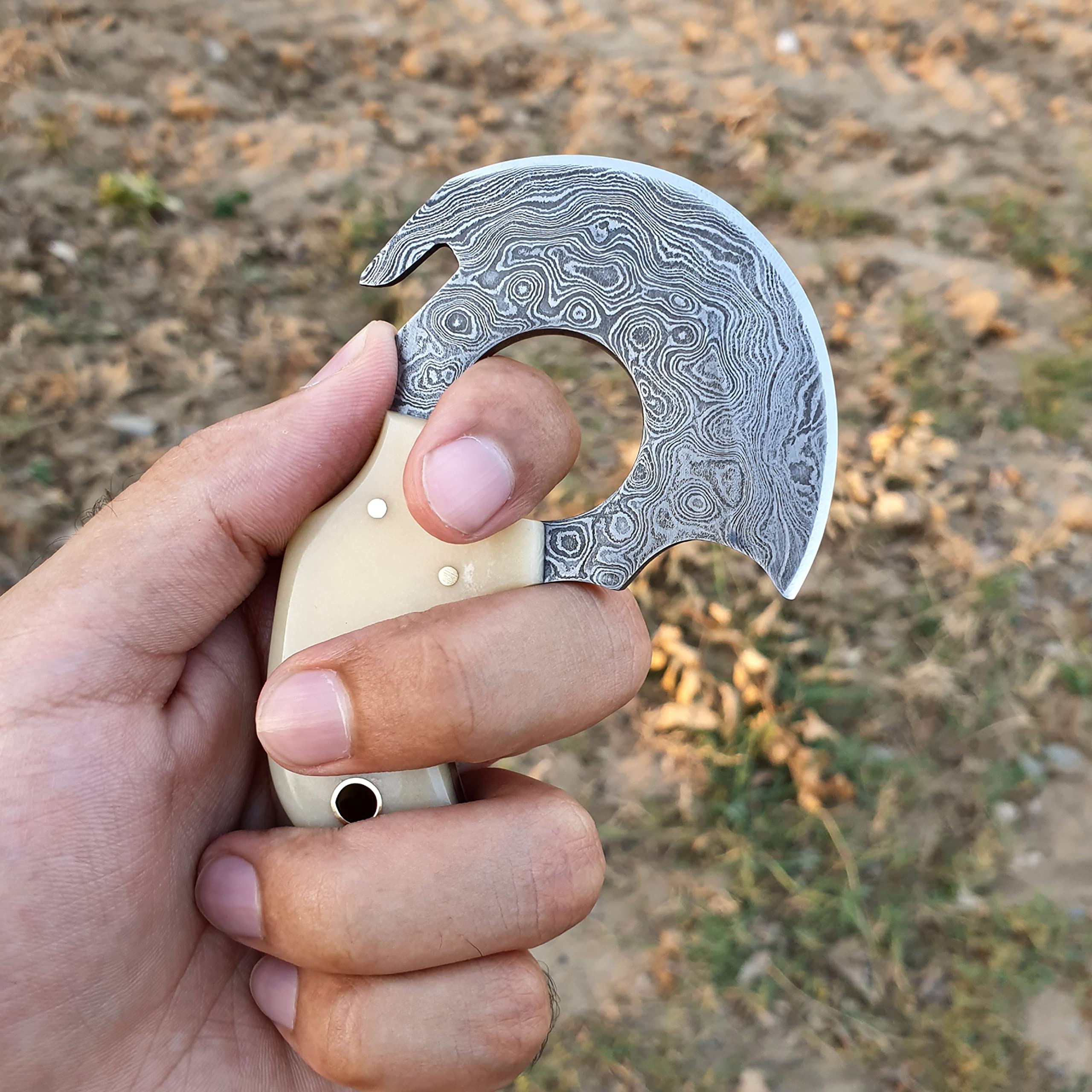 SS-1 Knife4U Damascus Steel EDC Knife 4" Fixed Blade Mini Knife for Skinning,Survival,Camping and Outdoor Enthusiasts with Natural Handle and Leather Sheath (Camel Bone)