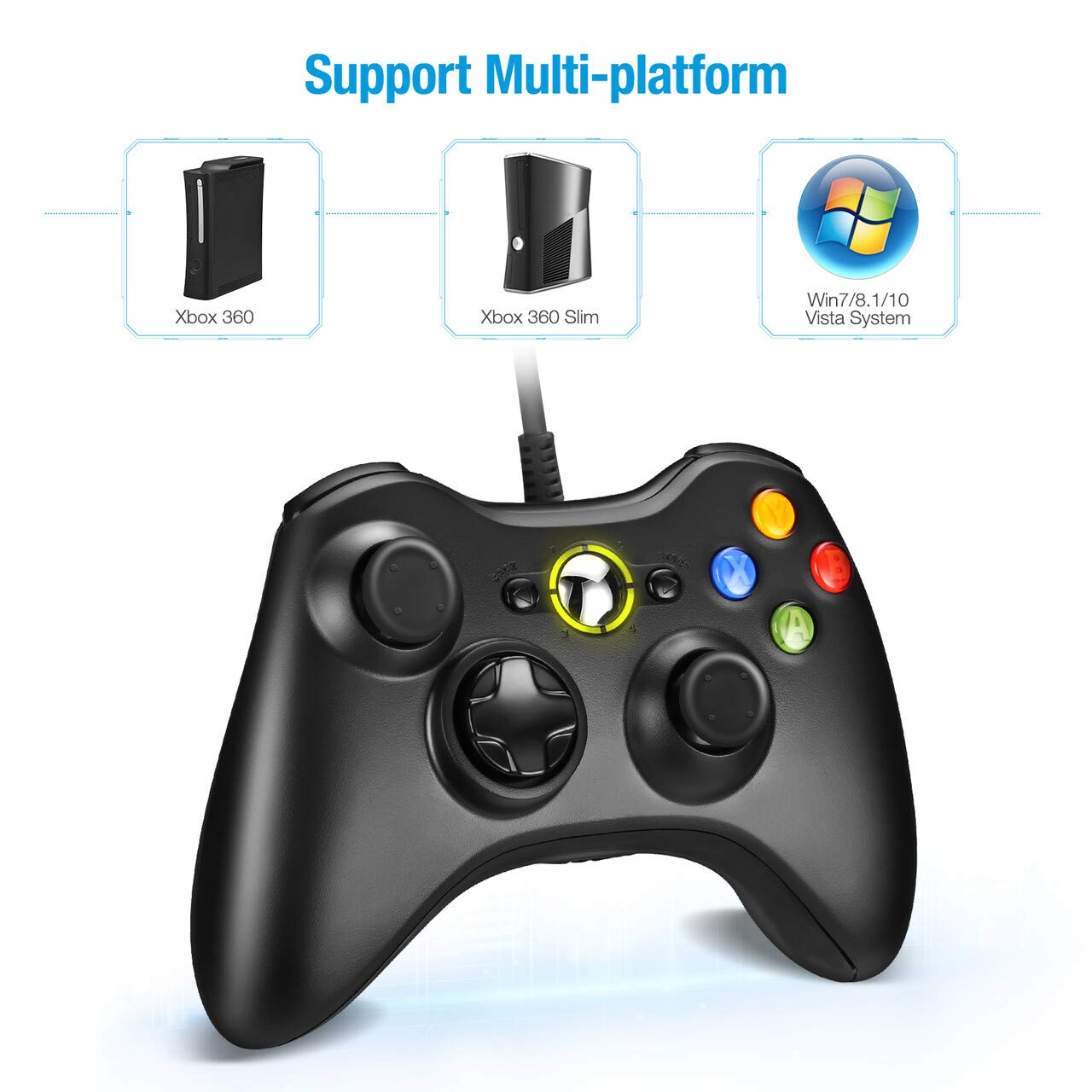 Powerextra Wired Controller for Xbox 360 - Game Controller for Microsoft Xbox 360 Xbox 360 Slim and PC Windows 7 8 10 Dual-Vibration Turbo Double Motor Wired Game Controller - Black