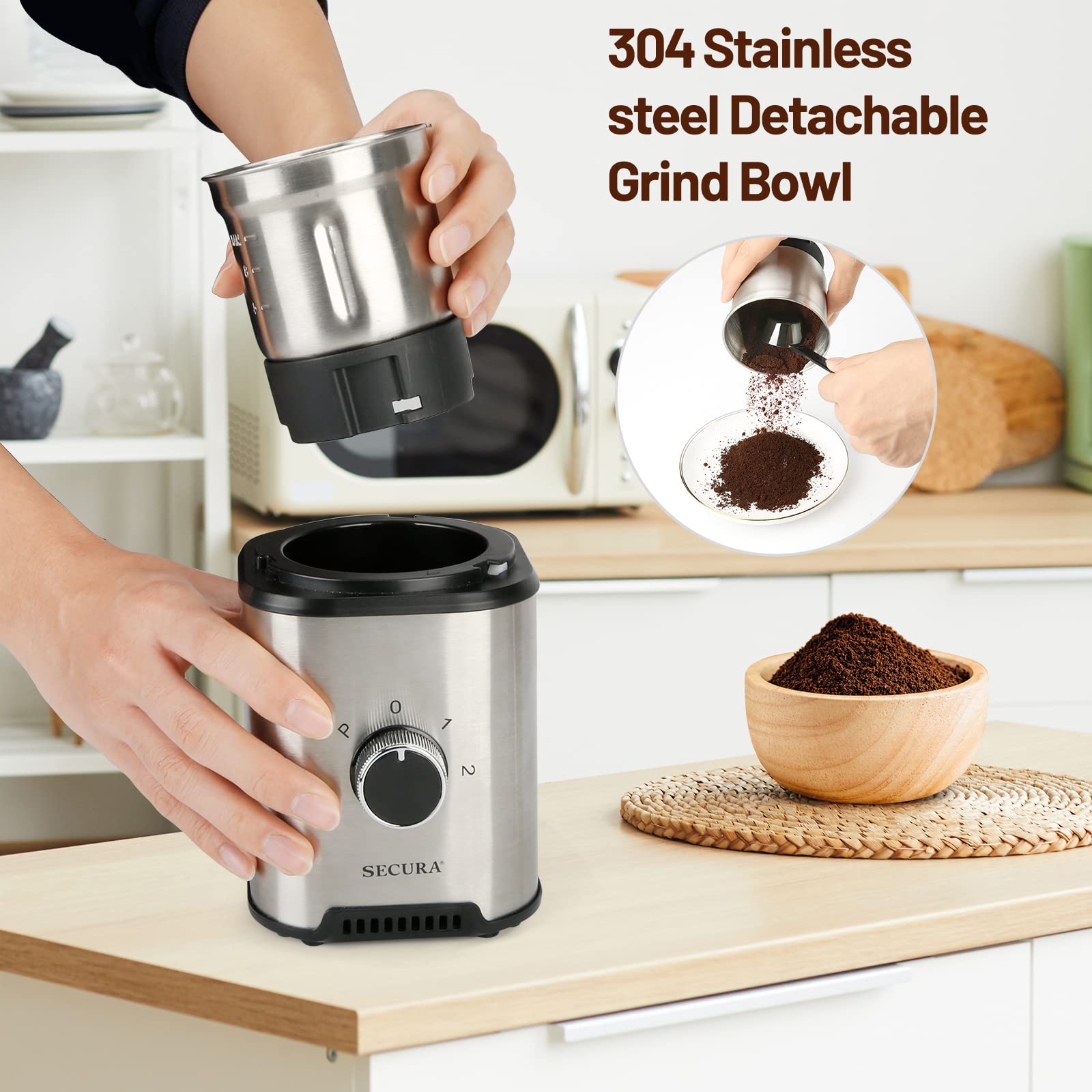Secura Coffee Grinder Electric, Spice Grinder Electric, Coffee Bean Grinder, Dry & Wet Grinders for Spices, Herbs, Nuts, Grains with 2 Stainless Steel Blades Removable Bowls