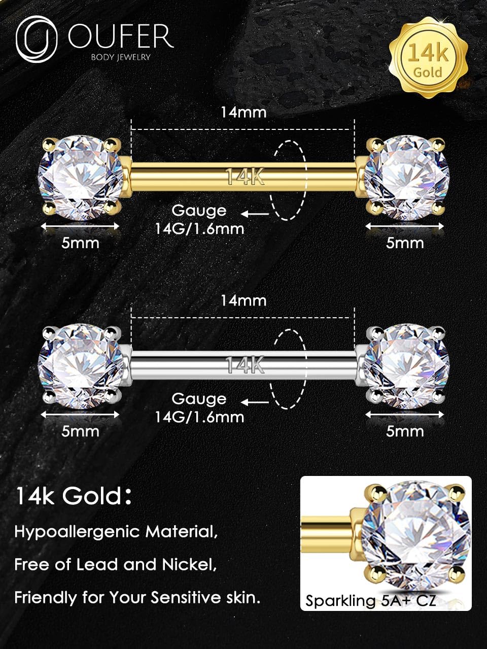 OUFER 2PCS Nipple Rings, 14K Solid Gold Nipple Piercing Jewelry, Clear CZ Nipple Piercing, 14G Nipple Barbells, Nipple Rings For Women Men