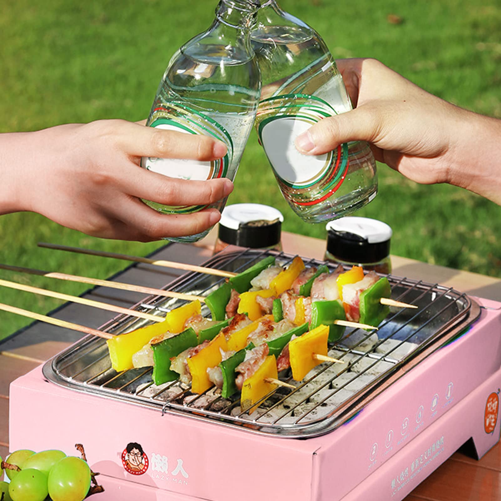 Portable and Compact Disposable Charcoal Grill - Detachable Stainless Steel BBQ Smoker Grill for Outdoor Camping(Pink)