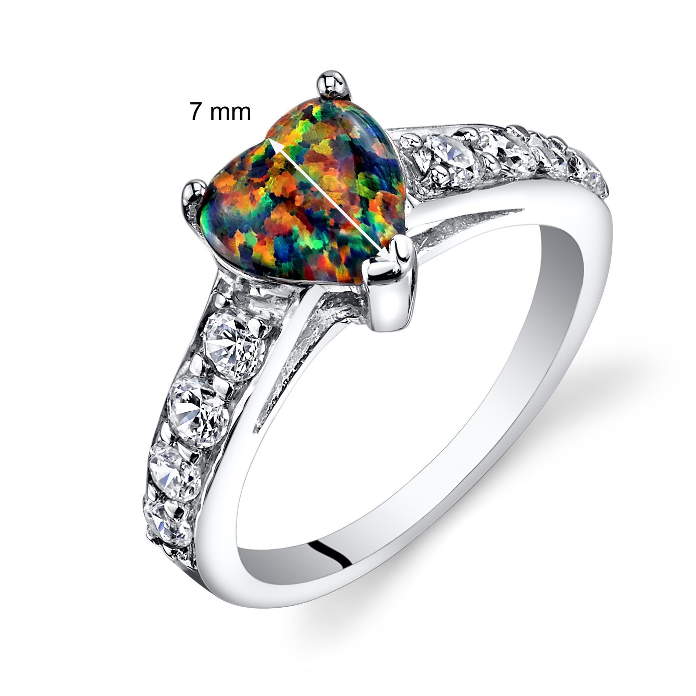 PEORA Created Black Fire Opal Heart Promise Ring for Women 925 Sterling Silver, 1 Carat Heart Shape 7mm, Comfort Fit, Size 6