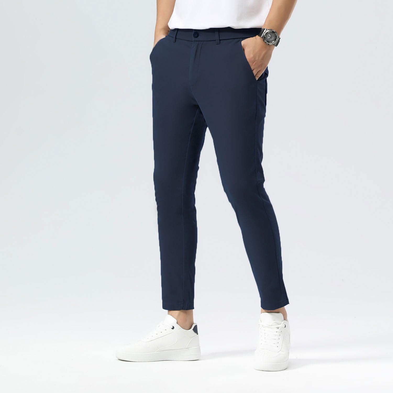 Plaid&Plain Men's Slim Fit Khaki Pants Stretch Cropped Chino Skinny Pants 130201 Navy Blue 34