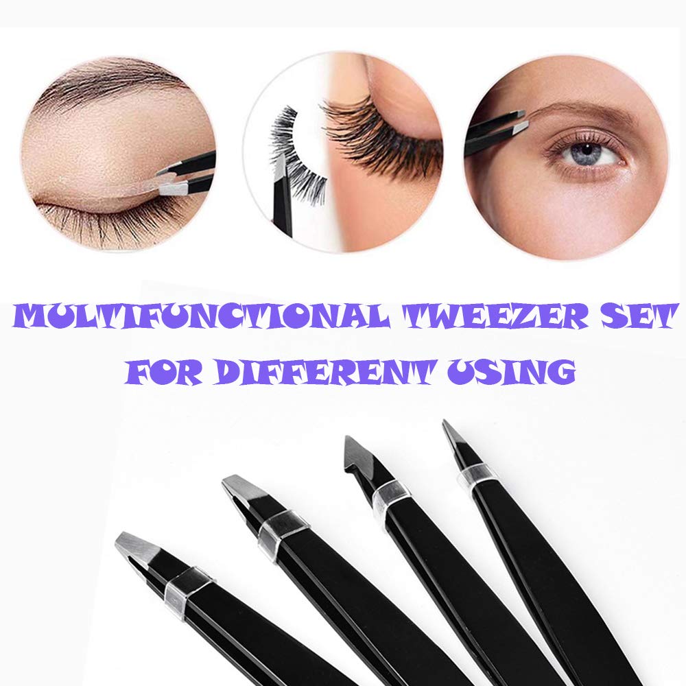 Professional Tweezers Set, ABOLINE 4 Pack Precision Tweezers For Eyebrows,Professional Slant Tip Tweezer Set for Hair Remove with Leather Travel Case(Black)