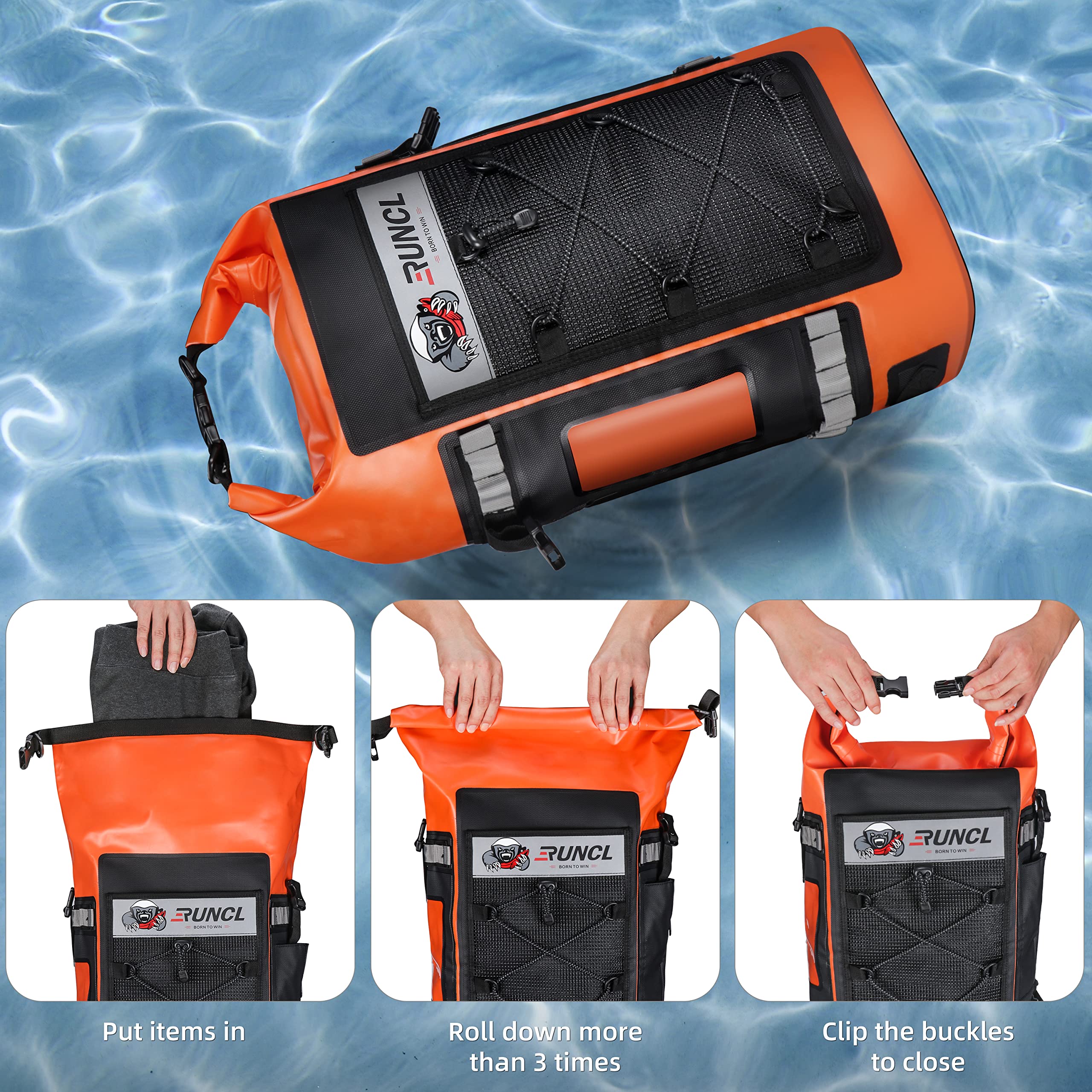 RUNCL Waterproof Backpack, 30/40/55L Roll-Top Closure Dry Bag, with Side Zippered Pocket and Cushioned Padded Back Panel, IPX8 Waterproof Phone Case Included