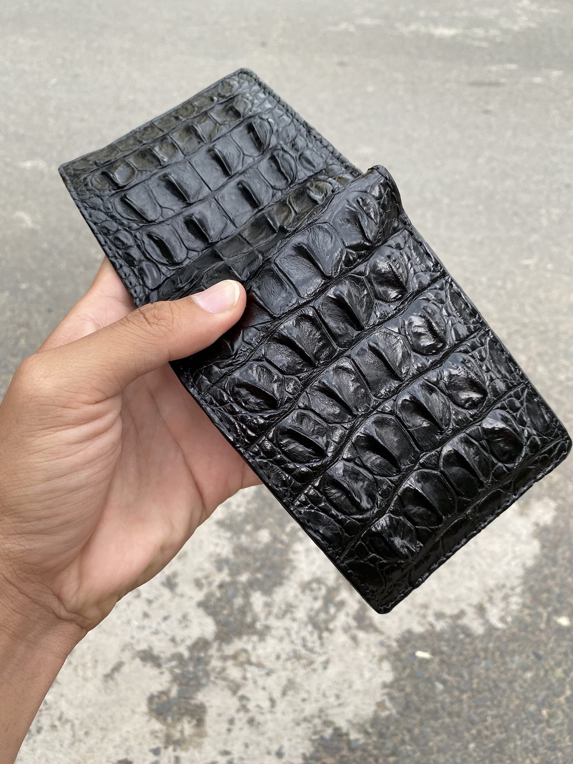 Viet Nam Black Double Side Genuine Real Alligator Hornback Leather Bi-fold Men's Wallet ,Handmade Crocodile Leather Wallet Men, XL