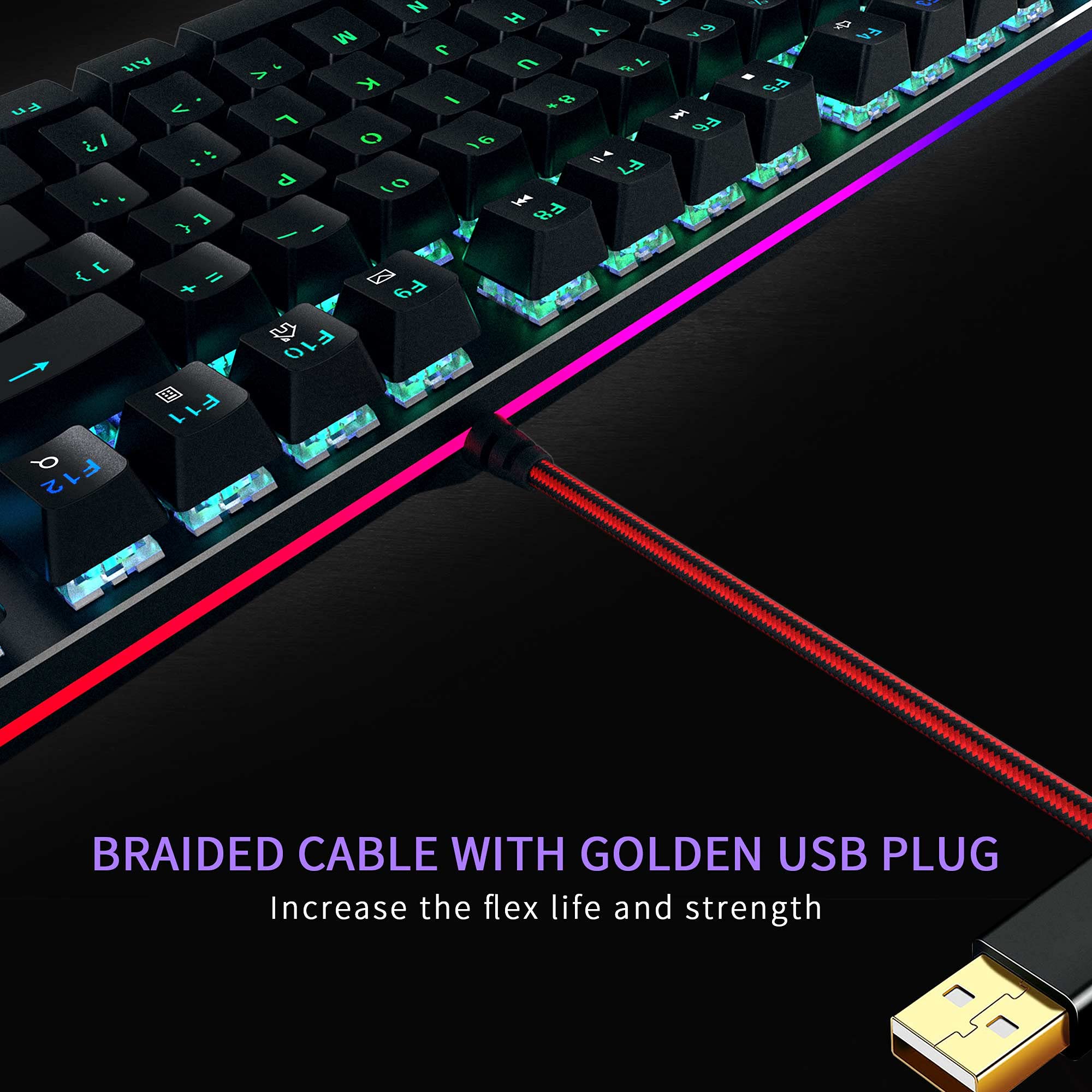 POWZAN Mechanical Optical Gaming Keyboard Wired - RGB LED Rainbow Backlit Light Up Key with Tactile and Clicky Blue Switch for Computer, Windows PC Gamers - 104 Keys Full Size, Aluminum Black