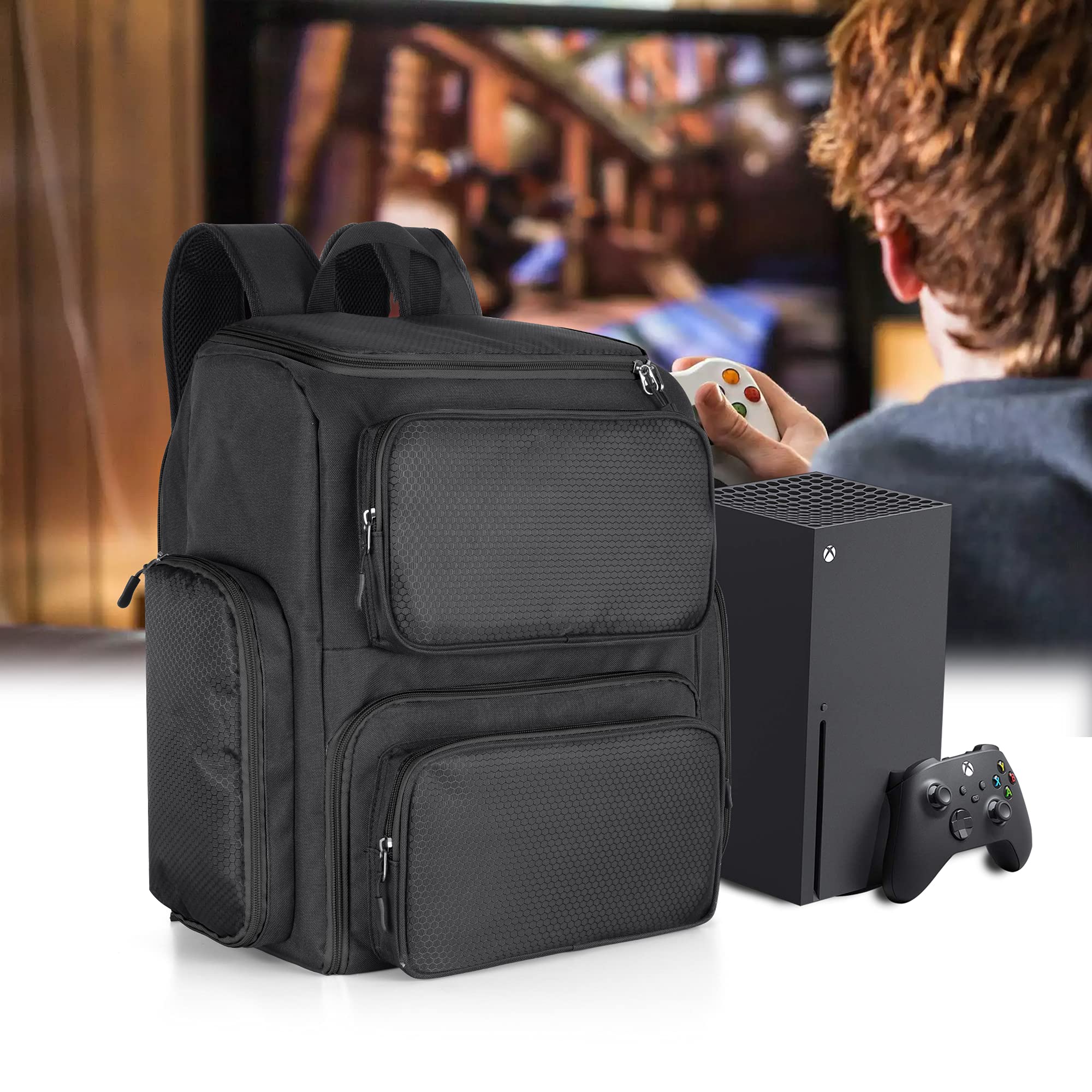 Trunab Travel Carrying Backpack Compatible with Xbox Series X, Storage Case Bag with 2 Inner Spaces for Xbox Game Console and Other Gaming Accessories