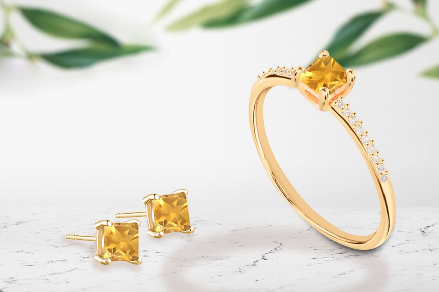 Tirafina Square Citrine and Diamond Accent Ring, 14K Yellow Gold Plated Sterling Silver Band, Solitaire Ring, Dainty Rings for Women, Thin Birthstone Rings - 0.07 CTTW (4mm stone)