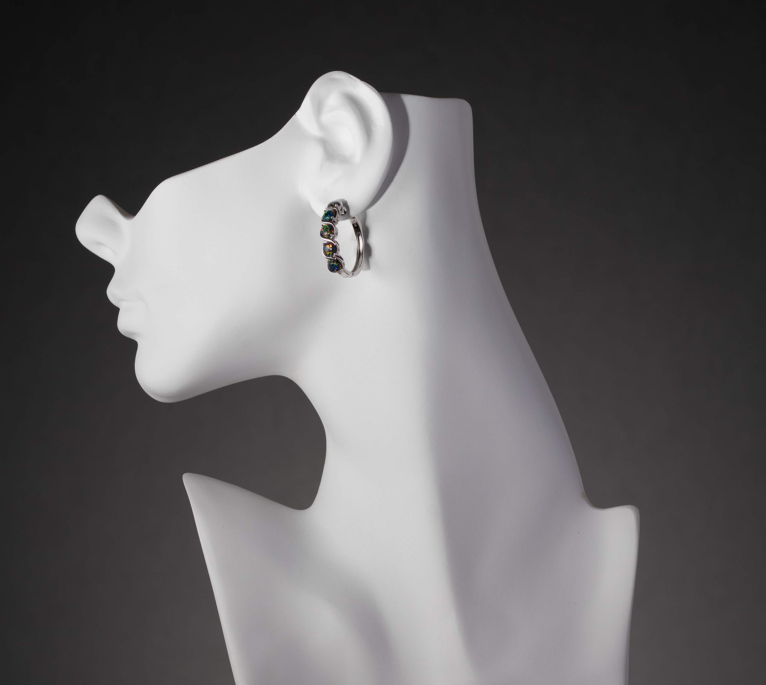 Peora Created Black Fire Opal Hoop Earrings in Sterling Silver, 2.50 Carats total Round Shape, Hypoallergenic, 1 inch Diameter, Patented Click Lock