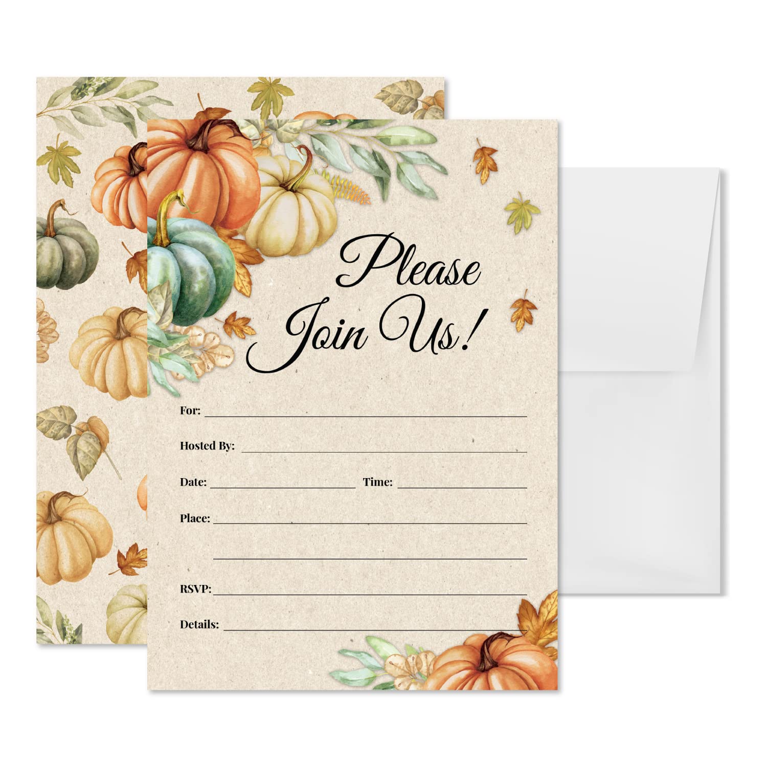 Pink Pixie Studio 20 Fall Party Invitations with Pumpkins & Leaves Thanksgiving, Bridal or Baby Shower, Friendsgiving, Dinner Parties with White Envelopes Made in the USA