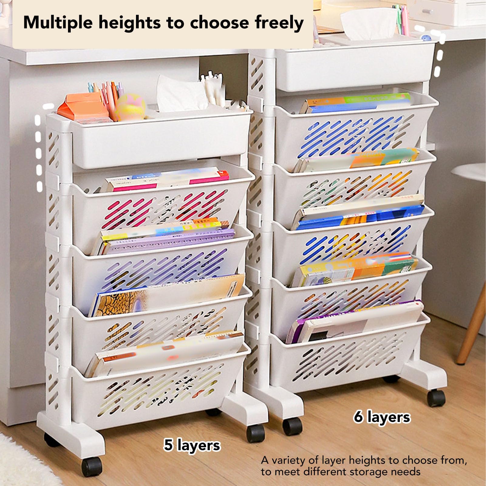 Rotatable and Detachable Plastic Storage Organizer Shelf Removable Bookcase Bookshelf File Organization with Multi Level Capacity, Rolling Storage Cart for Study Office Living Room (6 Layer)