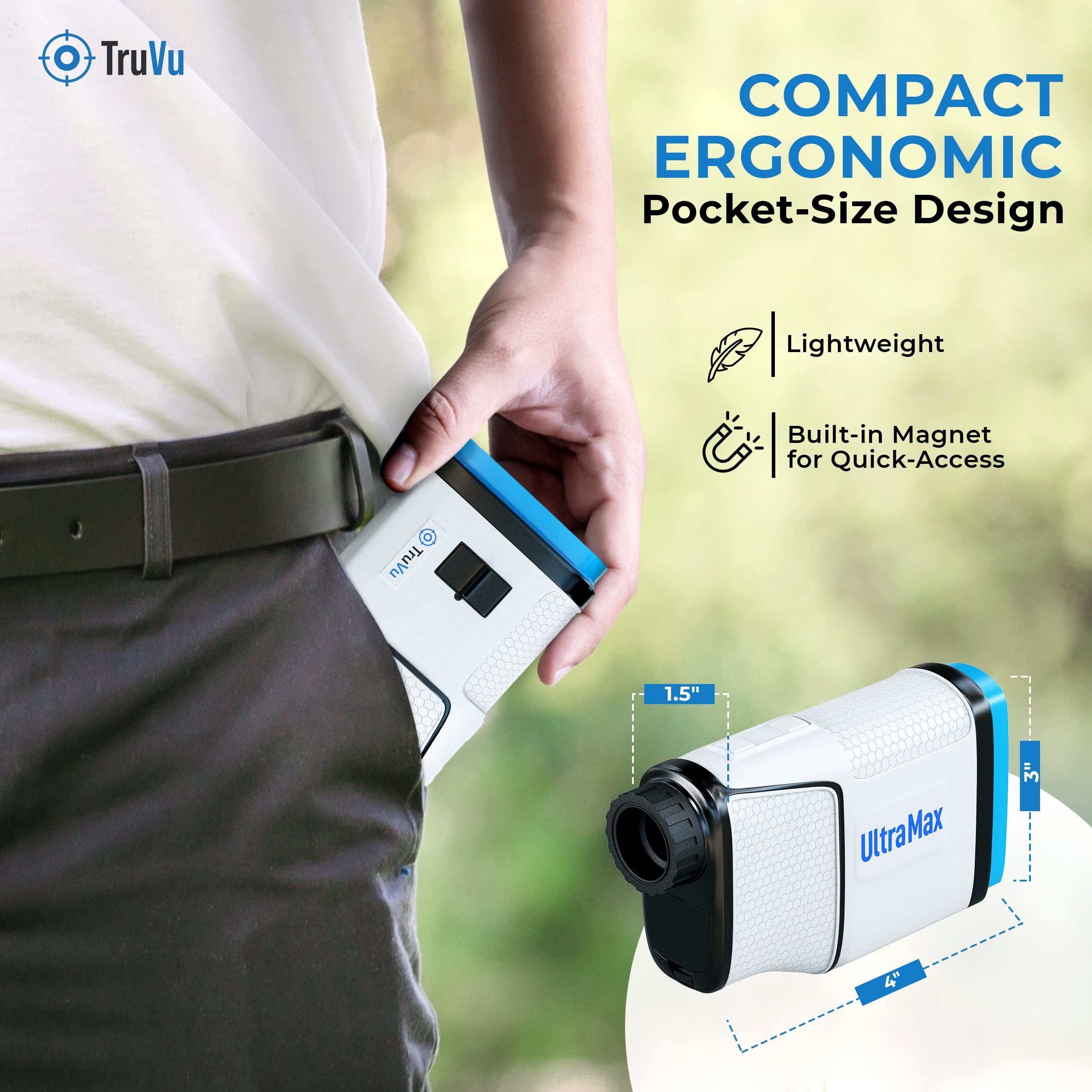 TruVu UltraMax Golf Rangefinder with Slope & Magnetic Strip | Pinseeker Pulse Lock | 1000 Yard Range | Includes Rangefinder Case & Battery | Lifetime Batteries (Blue Lens Cap)