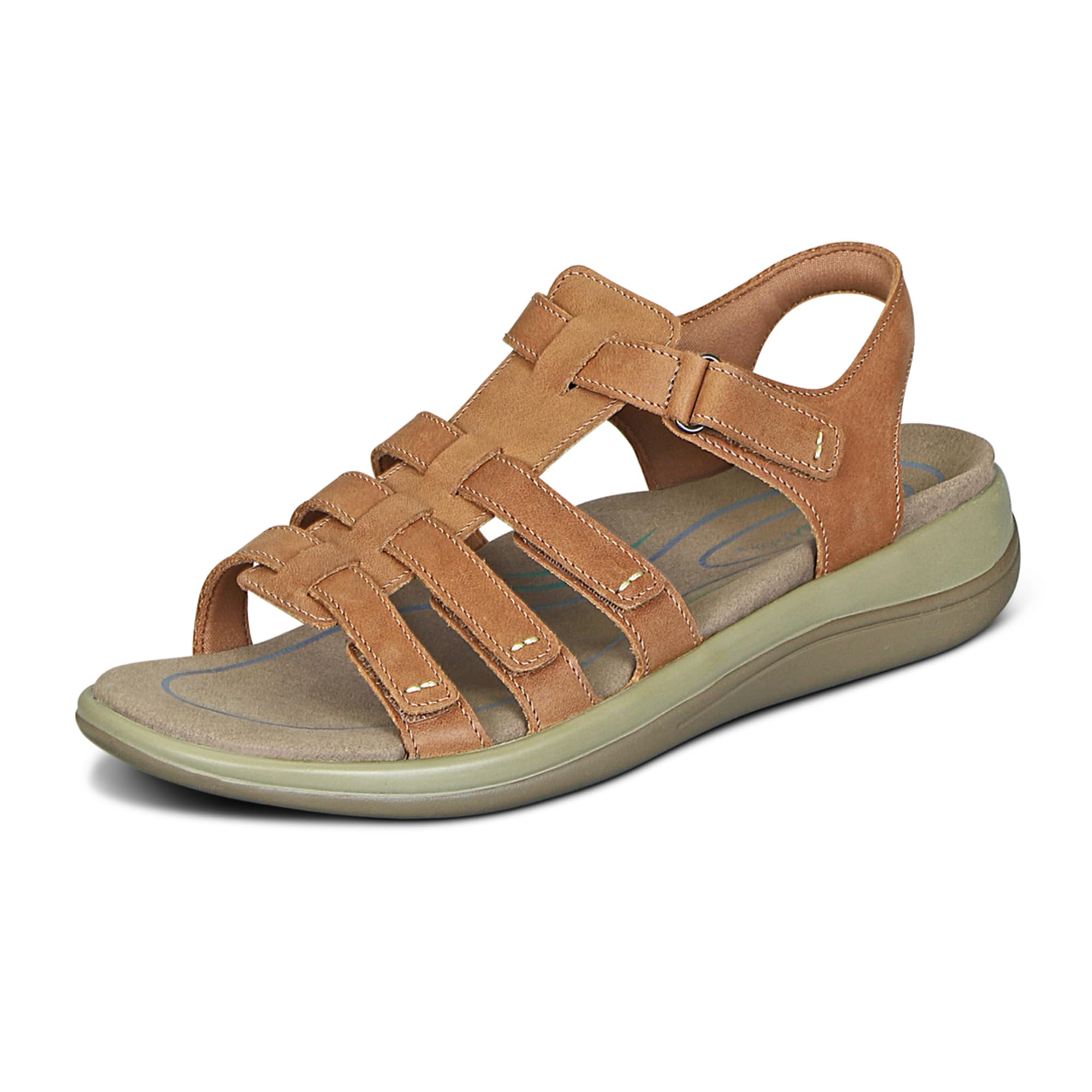 Orthofeet Women's Orthopedic Camel Leather Amalfi Adjustable Sandals, Size 9 Wide