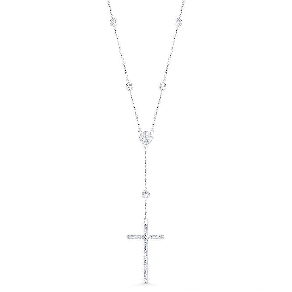 NYC Sterling Diamond by Yard Cross Crucifix CZ Crystal 925 Sterling Silver Pendant & Catholic Rosary Necklace (Silver)
