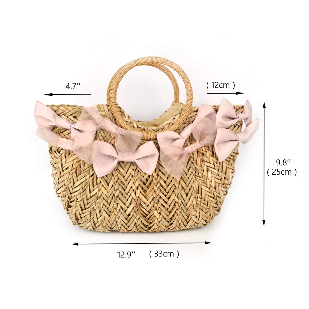 QTKJ Hand-woven Summer Beach Tote Straw Bag Holiday Handbag with 8 Cute Small Bows (Pink)