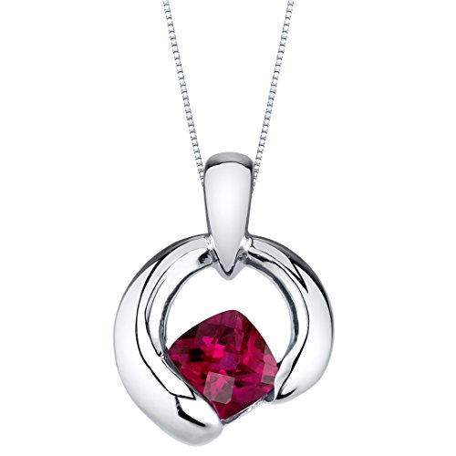 PEORA Created Ruby Pendant Necklace for Women Sterling Silver, Floating Orbit Solitaire, 1.25 Carats Cushion Cut 6mm, with 18 inch Italian Chain