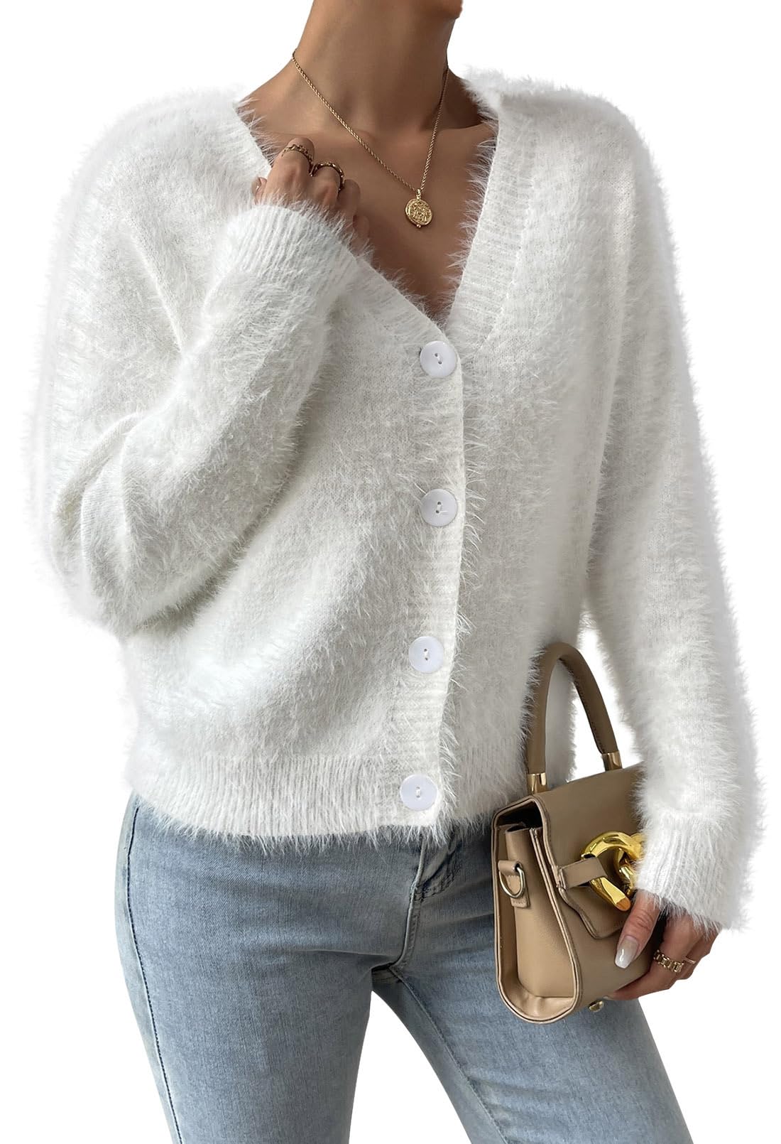 Pink Queen Women's Elegant V-Neck Button Down Cropped Cardigan Long Sleeve Lightweight Fuzzy Sweater Blazer White M