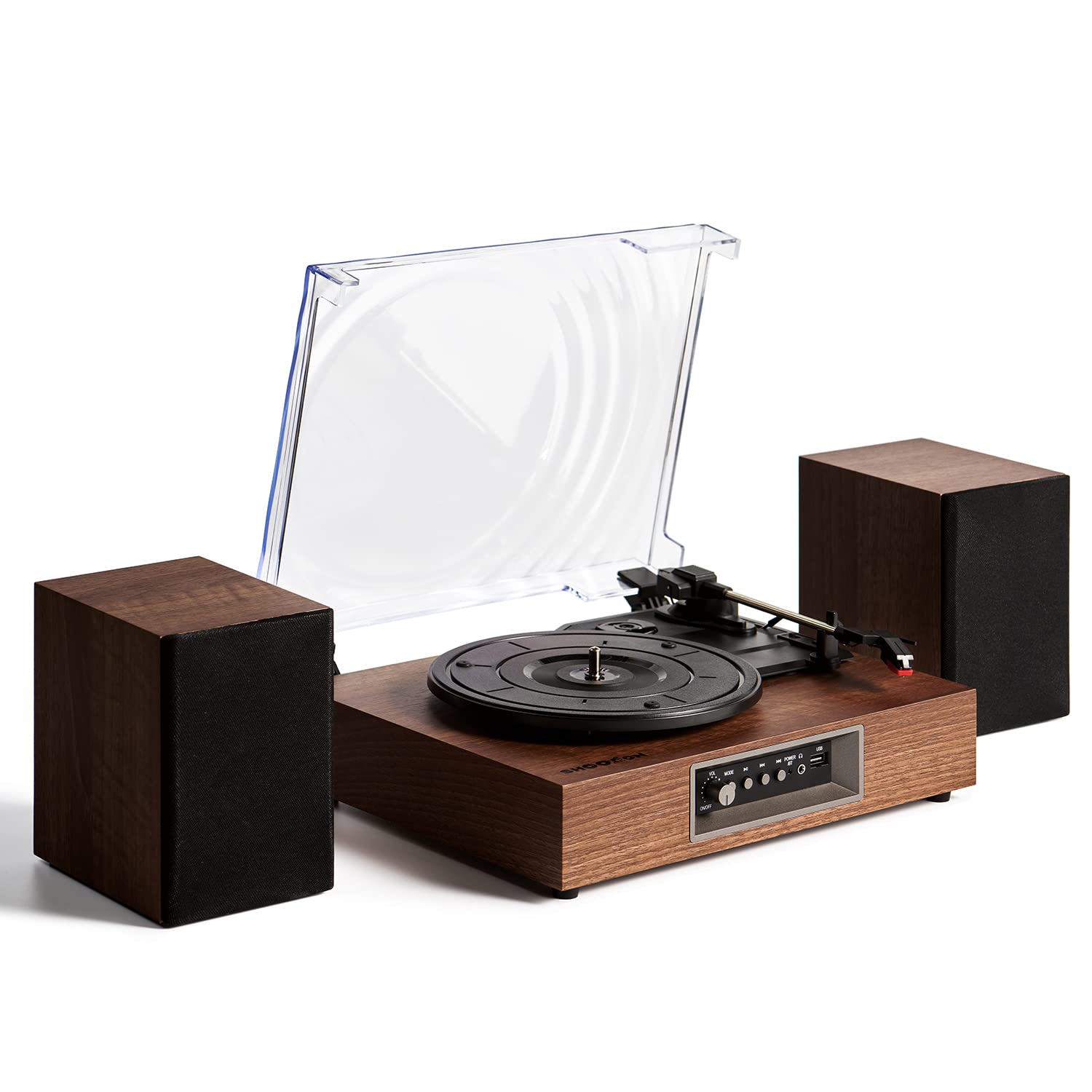 Shooron Vinyl Record Player with Powerful External Bookshelf Speakers, 3-Speed Belt-Driven Turntable with Magnetic Cartridge Support Headphone/USB Mode