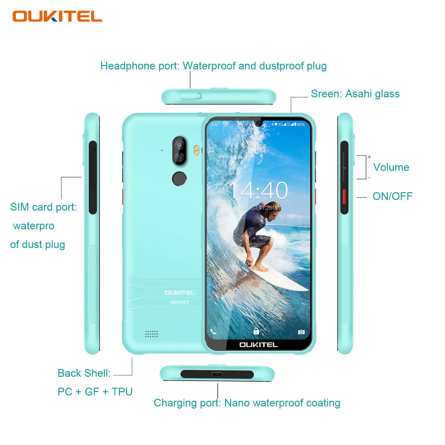 OUKITEL Y1000 Unlocked Phones, Rugged Smartphone Android 9.0 Phones IP68 Waterproof 6.1" 32+2GB/128GB Expandable Face ID&Fingerprint Unlock Dual Sim Phone(Light Blue)