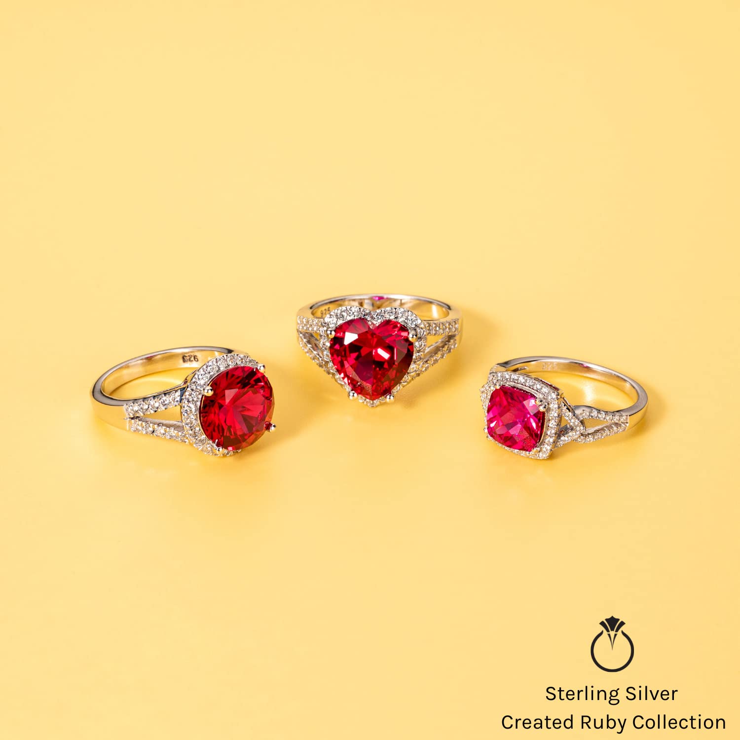 PEORA Created Ruby Three-Stone Halo Ring for Women 925 Sterling Silver, 2.75 Carats total Round Shape, Size 7