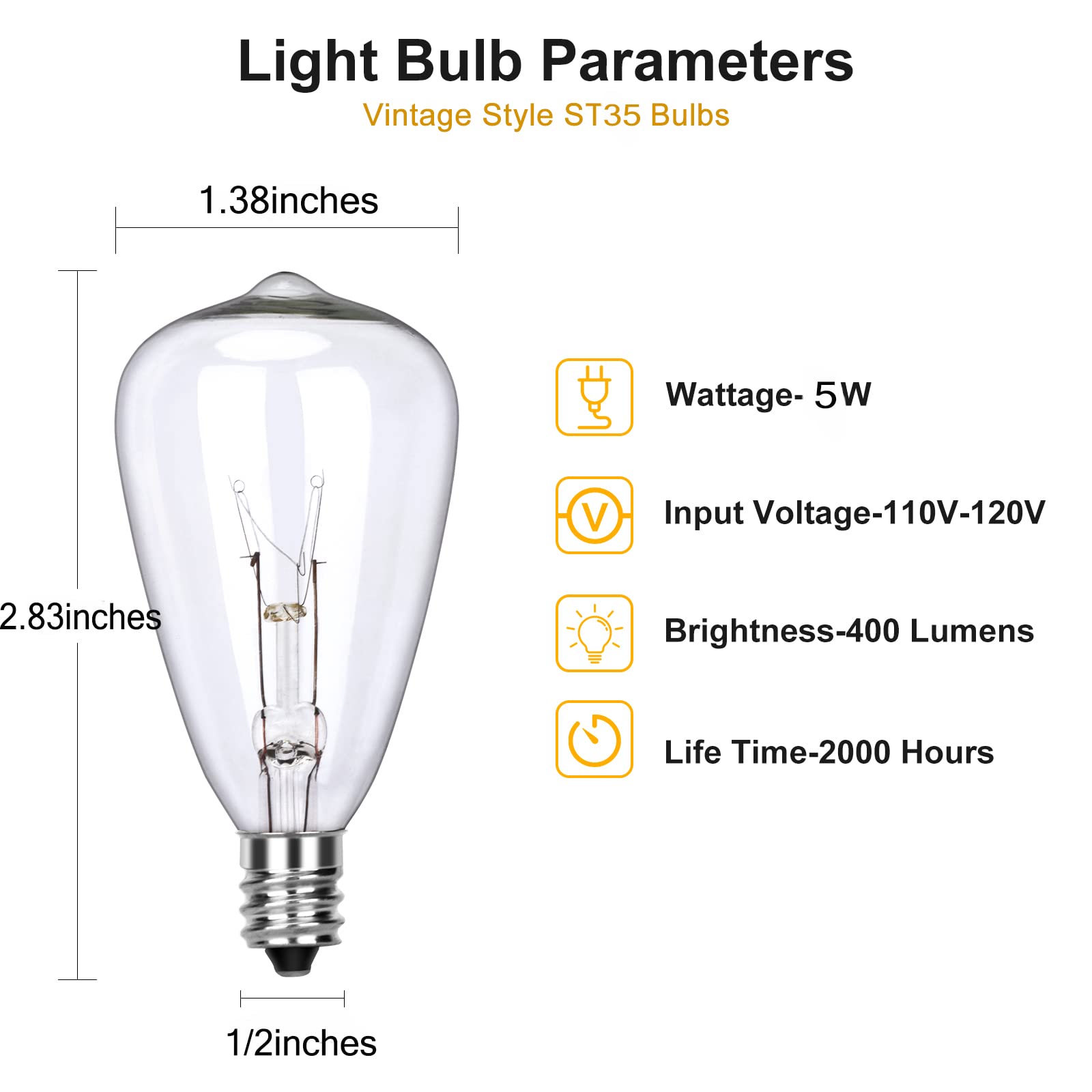 ST35 Edison Replacement Bulbs, E12/C7 Candelabra Screw Base, 5W Replacement Bulbs for Outdoor Edison String Lights - 10 Pack