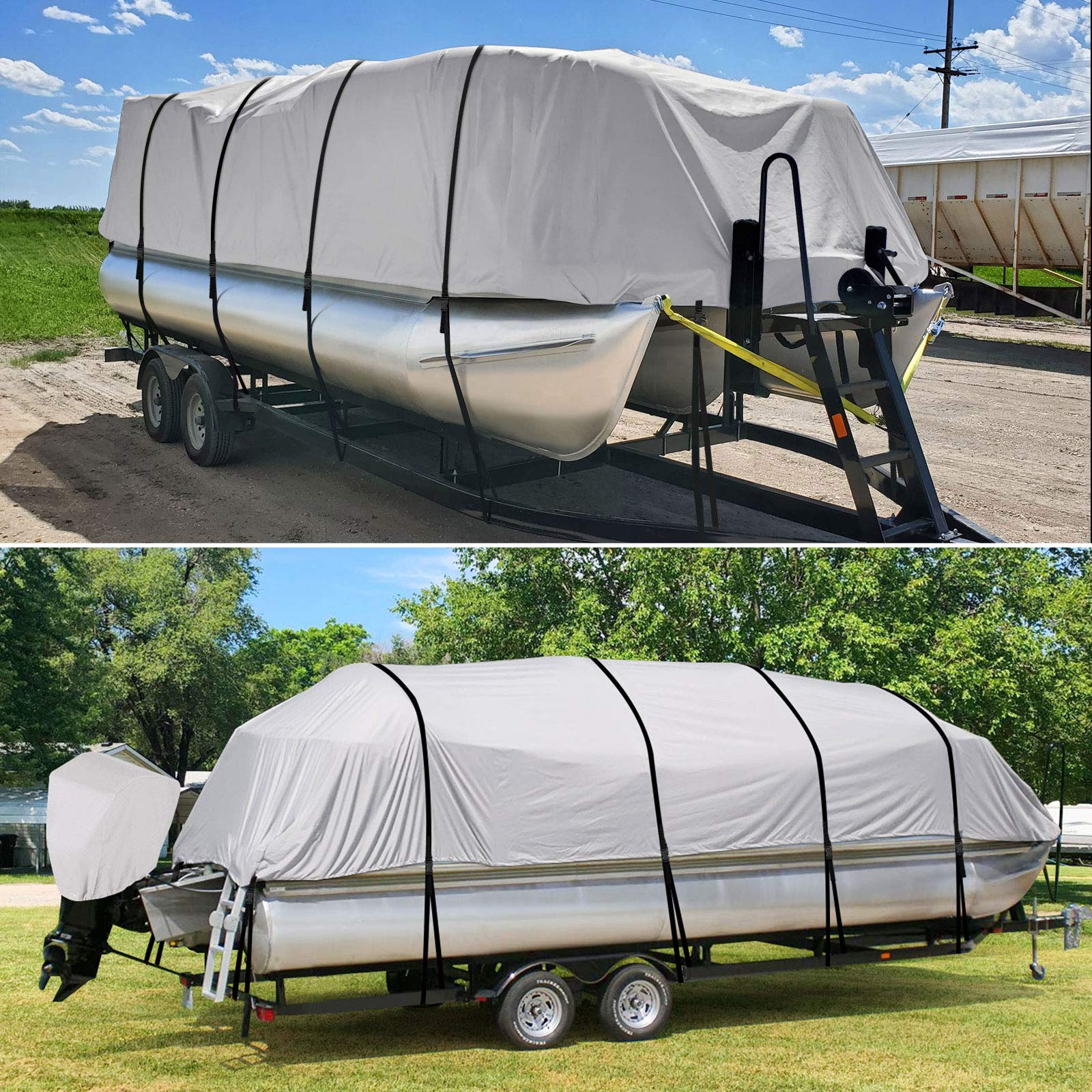 RVMasking 800D Waterproof Trailerable Pontoon Boat Cover with Motor Cover Marine Grade Pontoon Cover with 12 Adjustable tie Down Strap for Length: 17’-20’, Beam Width up to 102”