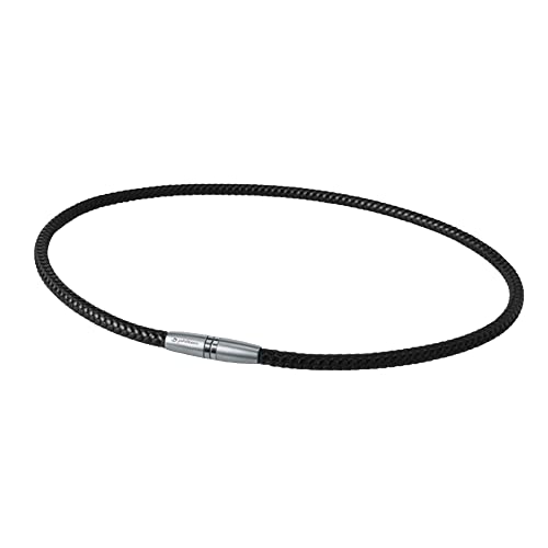 PHITEN X50 Titanium High End Moda Deluxe Necklace - Faux Leather Necklace Cord with X50 Aqua-Titanium - Elastomer Core with Micro Titanium Spheres and Stainless Steel Clasp - Black, 20 Inch